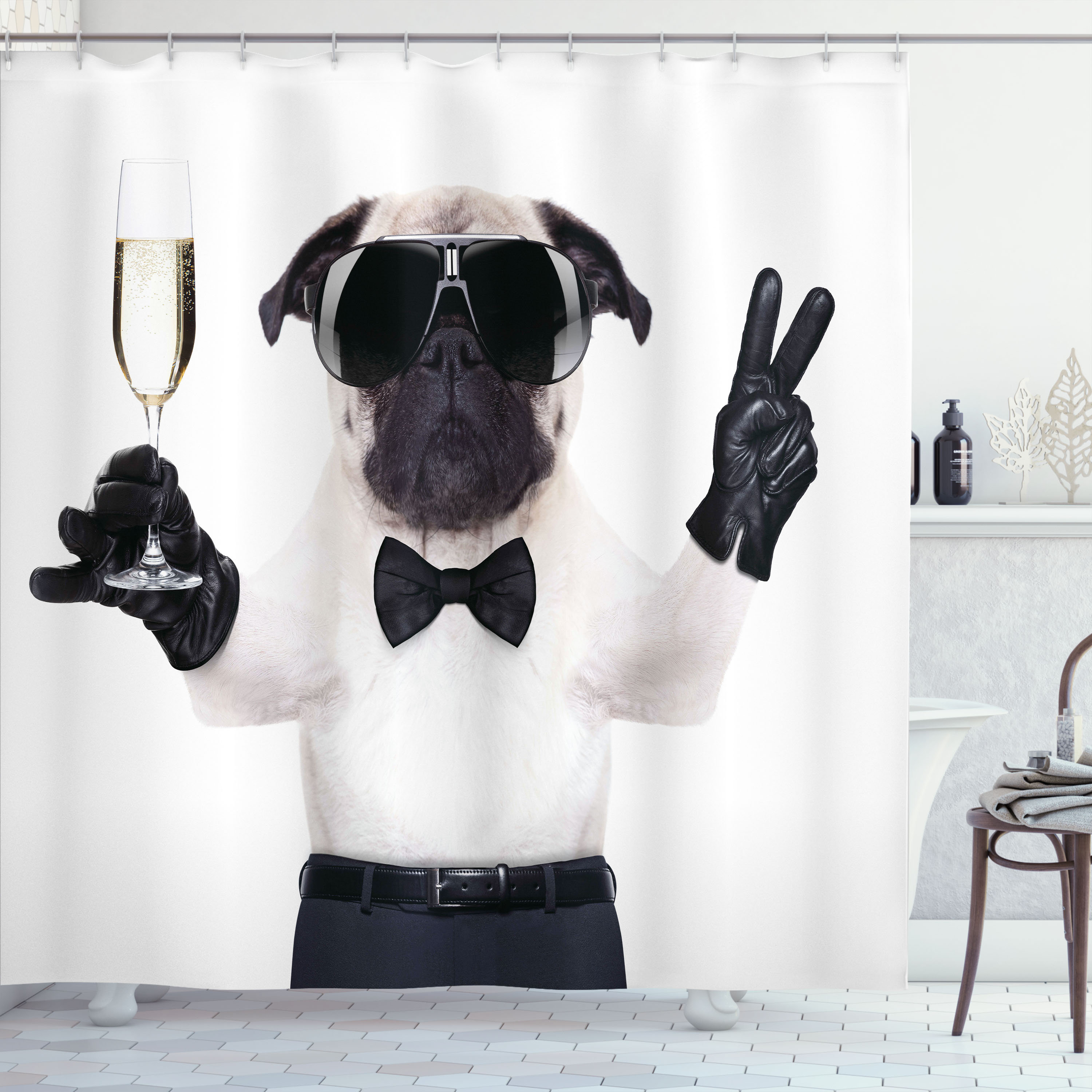 East Urban Home Pug Shower Curtain Dog Celebration Alcohol Black White ...