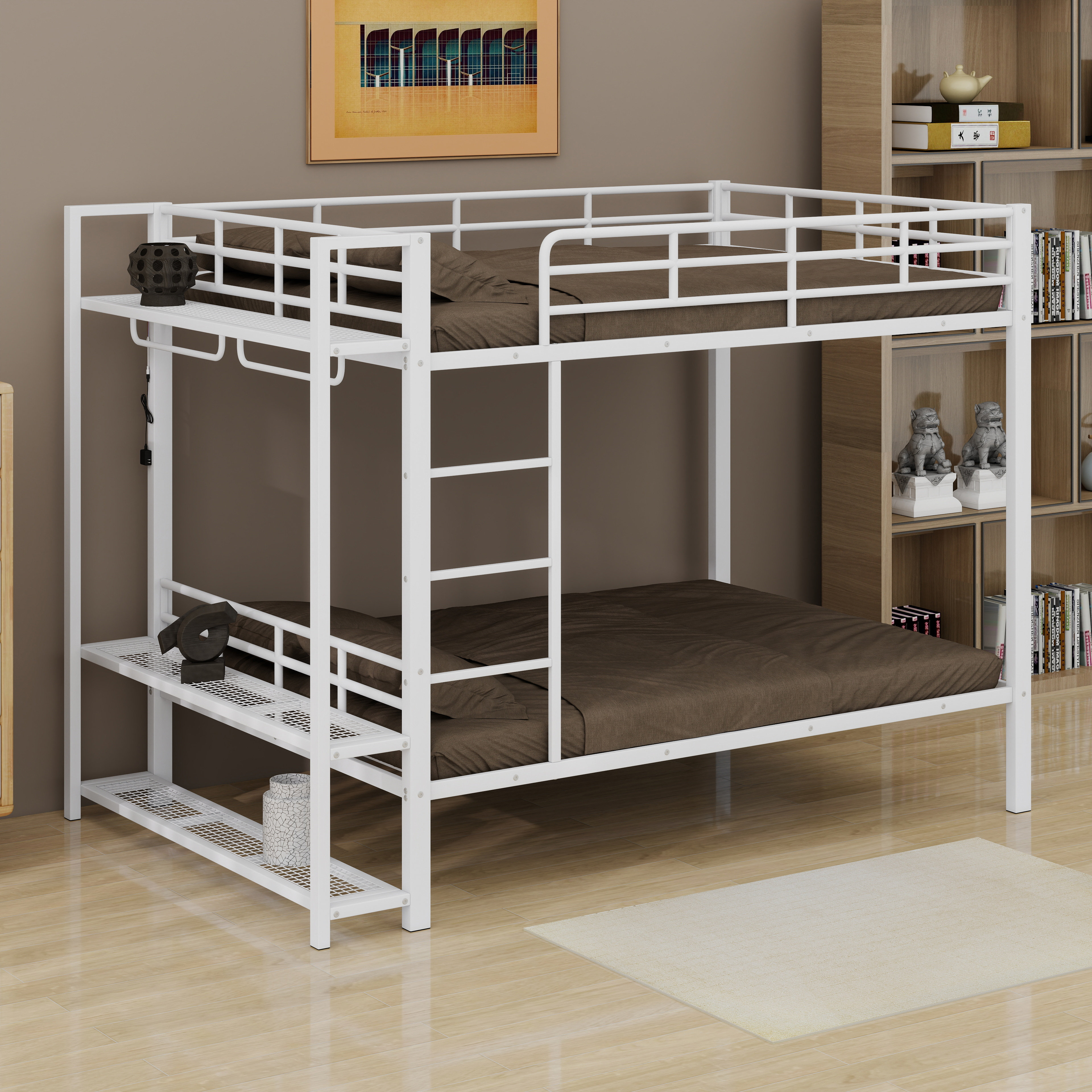 Ivy Bronx Metal Bunk Bed With Storage Mesh Shelves, Clothes Hooks Led ...