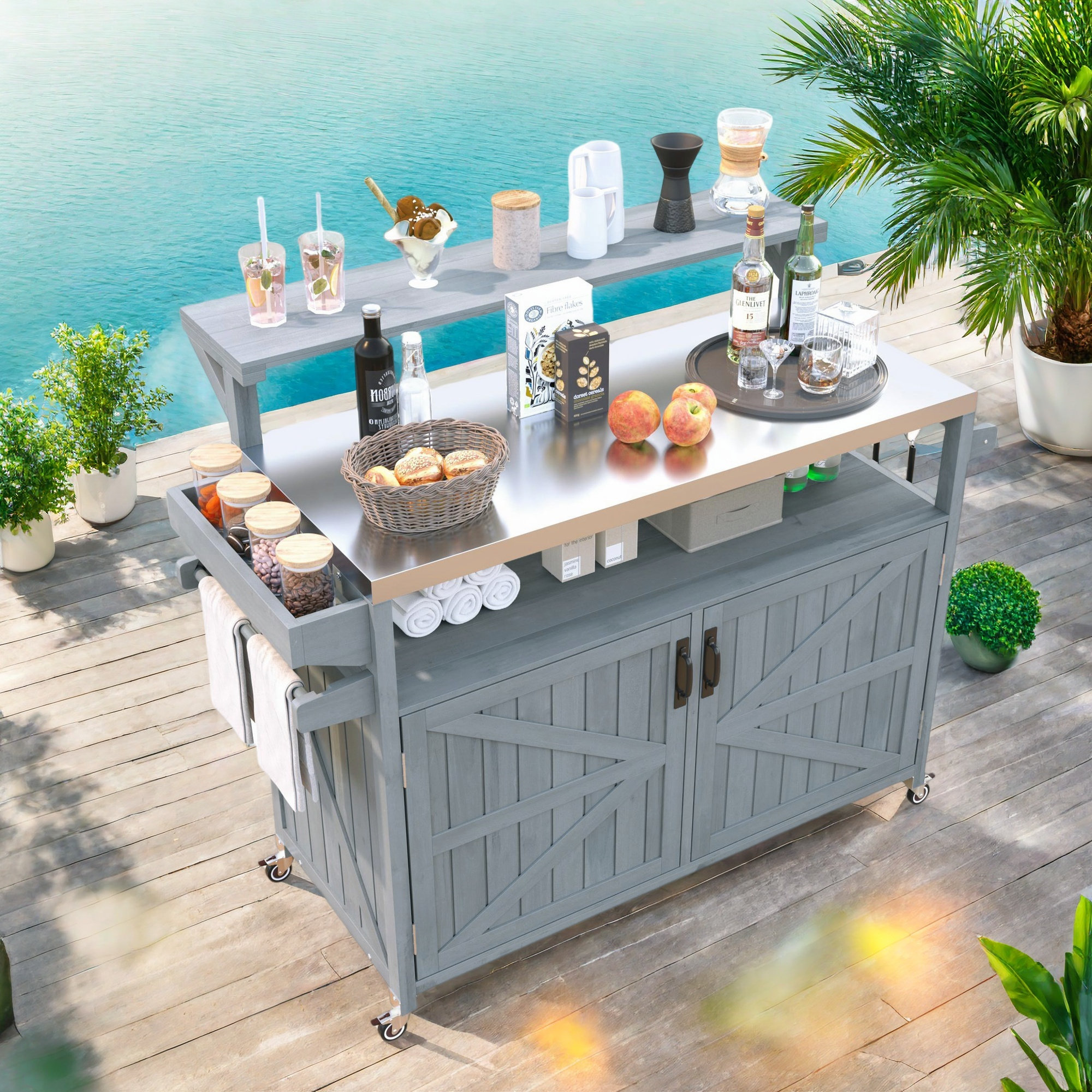 Gracie Oaks Outdoor Kitchen Island With Raised Shelf, Stainless Steel ...