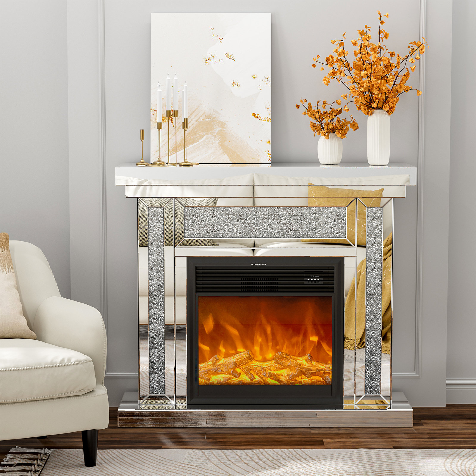 Mercer41 Merrissa Mirrored Electric Fireplace TV Stand with Electronic ...