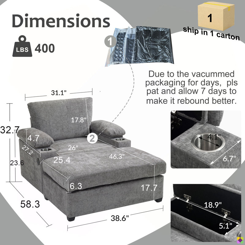 Wade Logan® Atlai 38.6"W Chenille Modular Chaise Lounge,Storage Box ...