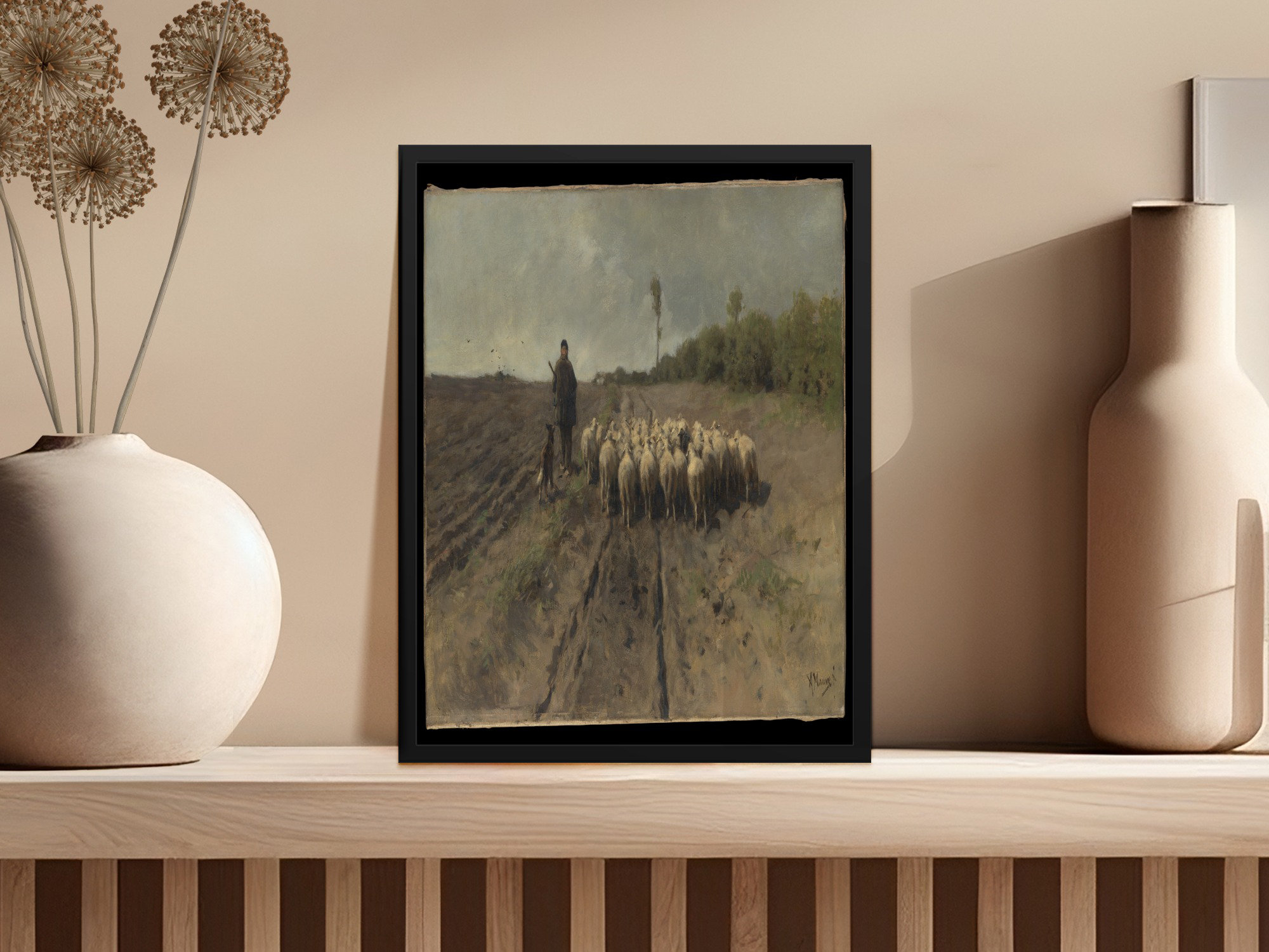 Lark Manor Shepherd with His Flock Painting Rustic Style Framed Poster ...