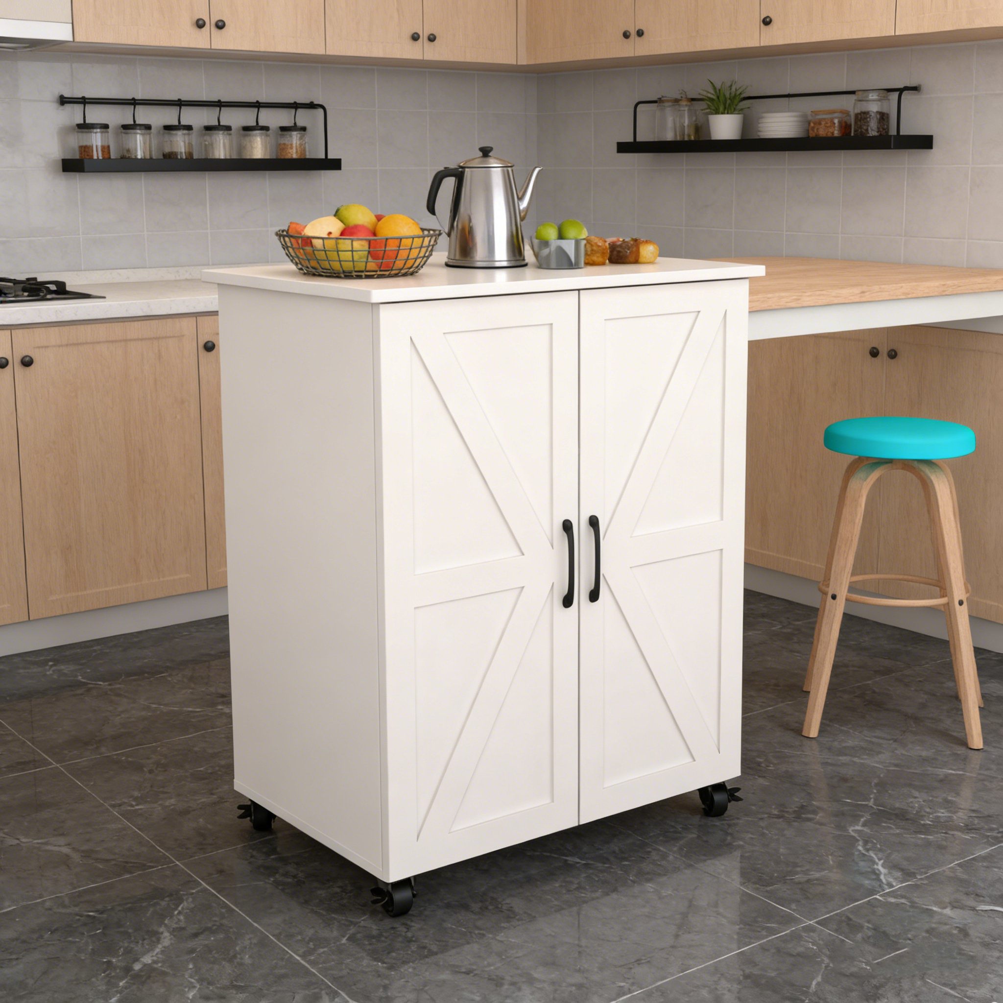 Red Barrel Studio® Portable Kitchen Island with Barn Door, Wheels, and ...