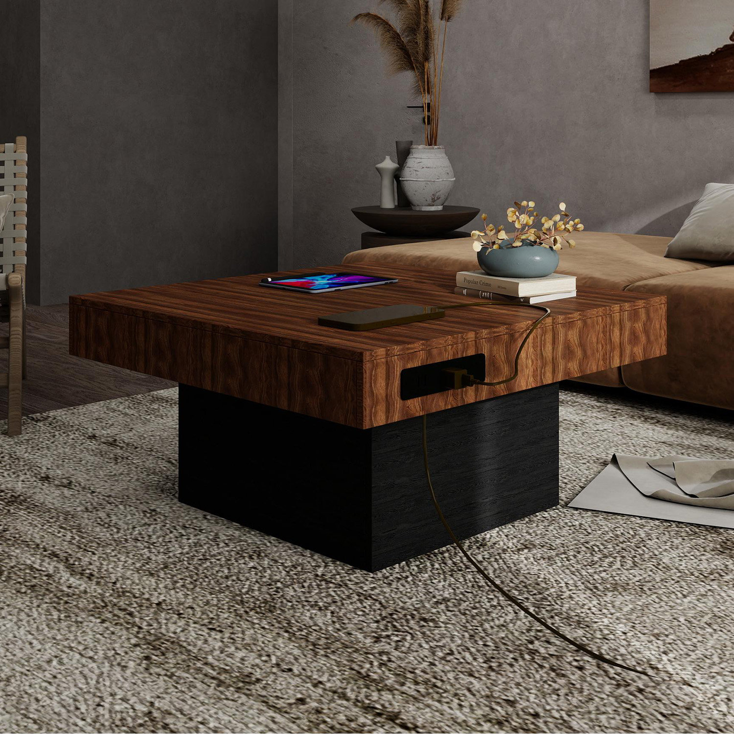 Ebern Designs 31.4'' X 31.4'' Farmhouse Black Coffee Table With 2 Usb ...