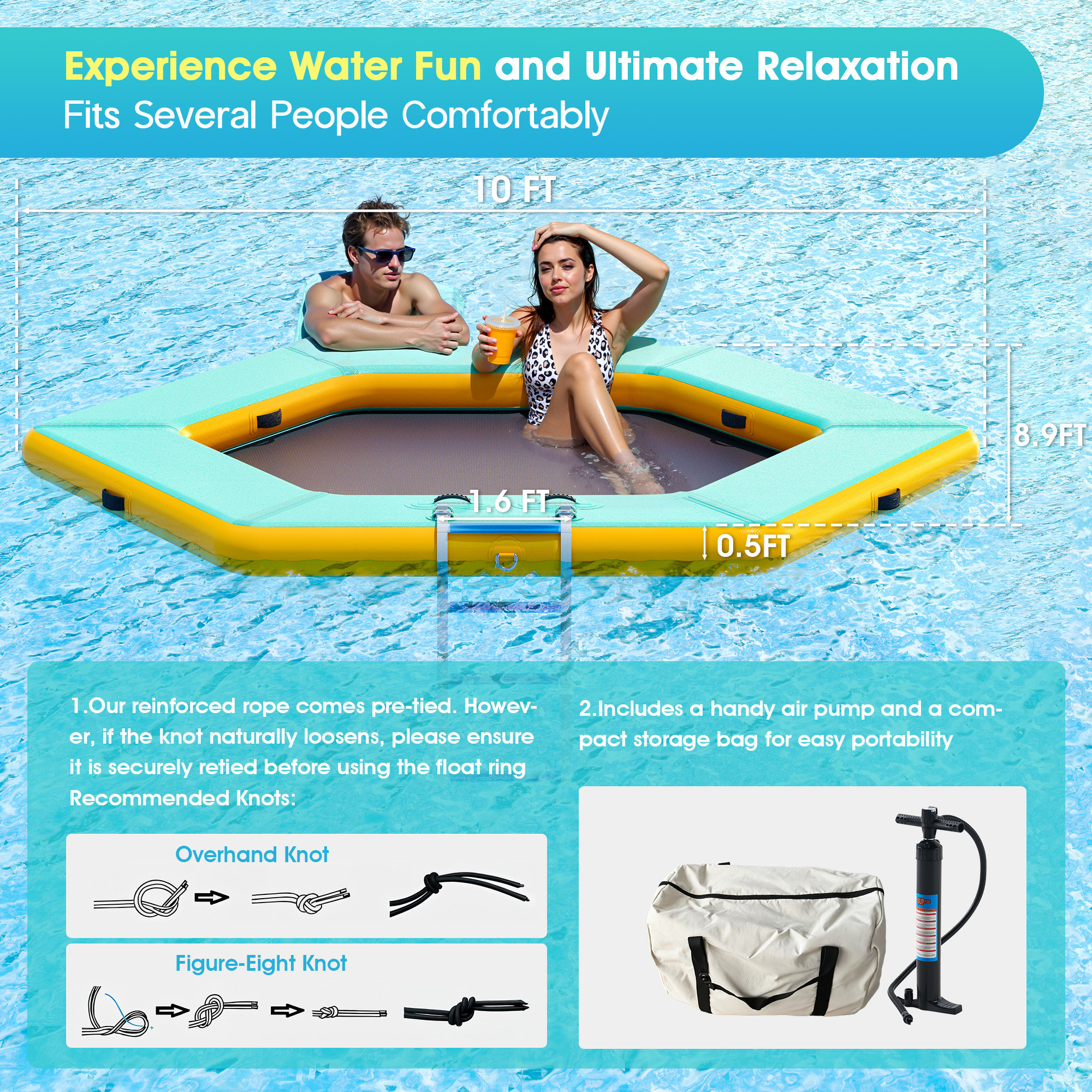 AMERLIFE 10 FT Hexagonal Floating Ring Inflatable Water Hammock with ...