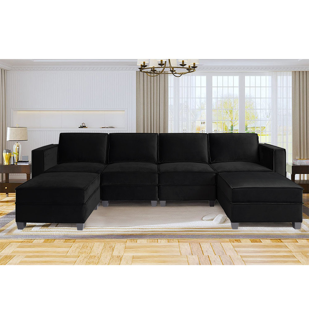 Ebern Designs 114.5” Square Arm Sectional Sofa, Symmetrical Modular ...