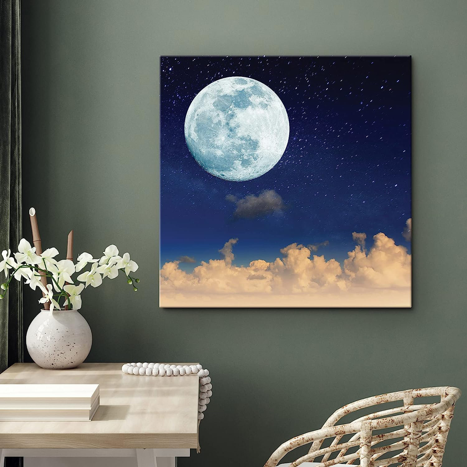 IDEA4WALL Blue Full Moon & Starlight Over White Clouds On Canvas Print ...