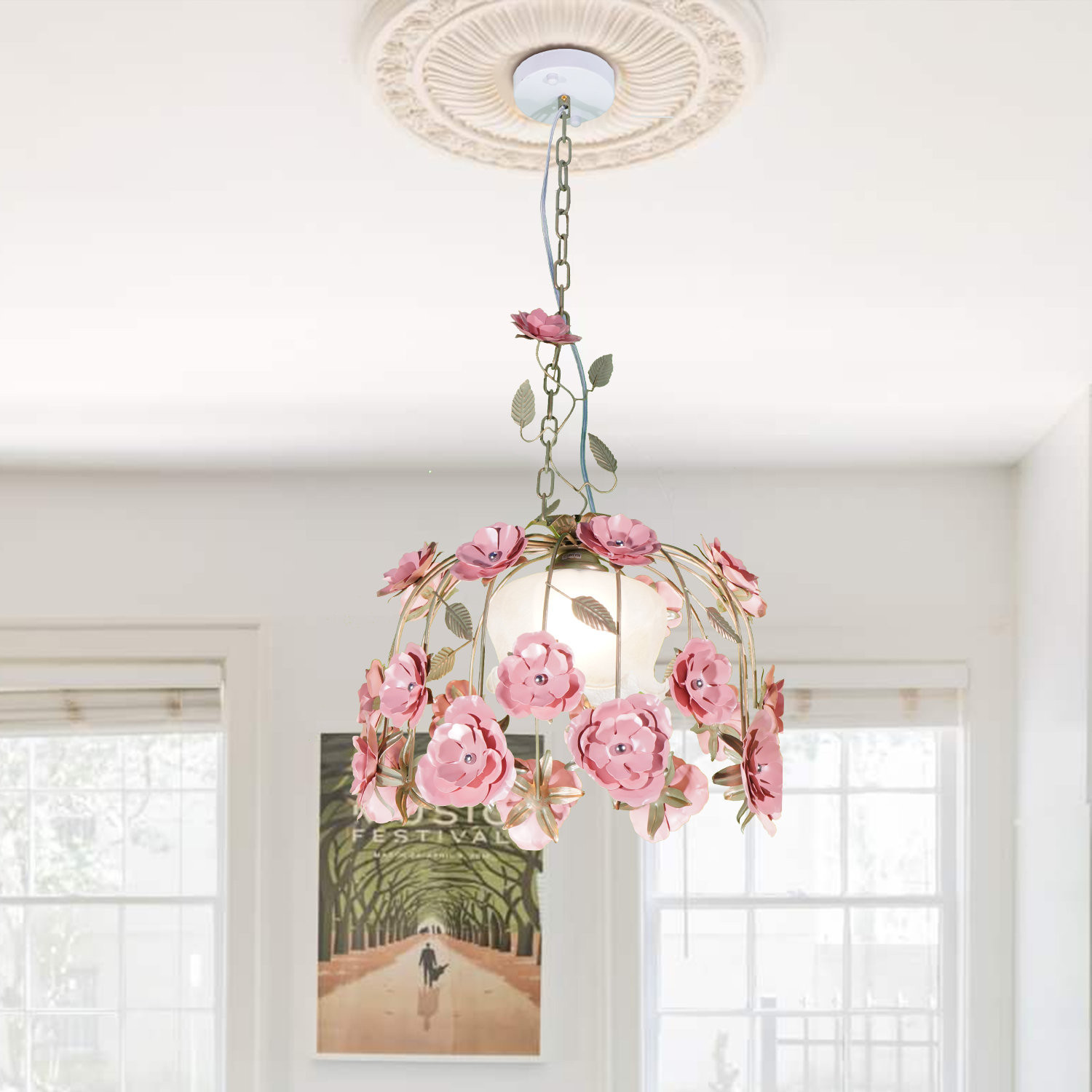 Rosdorf Park Single Glass Pendant With Pink Flowers | Wayfair