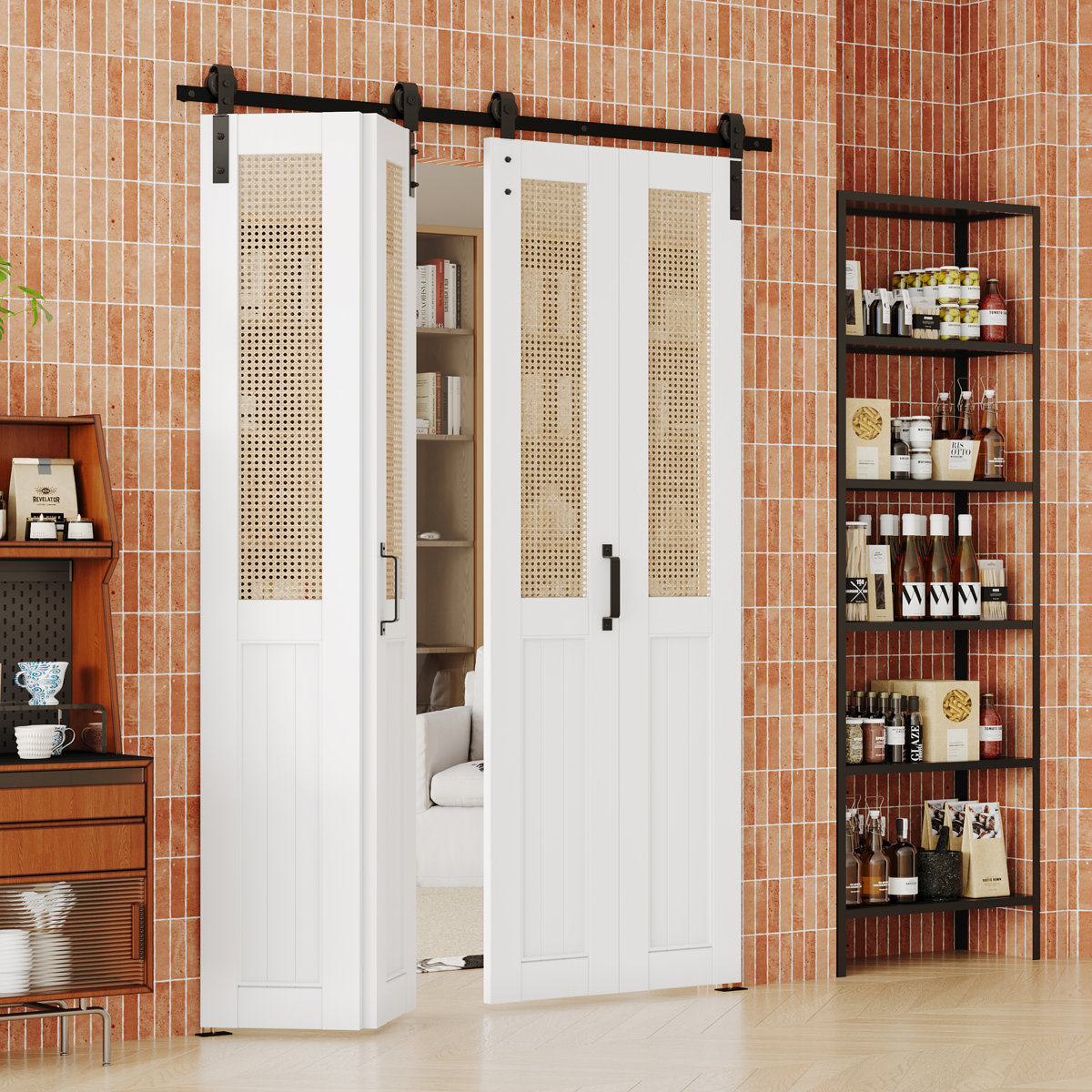 CHIC MODE Bi-Fold Sliding Barn Door, Cane Webbing Panel With Sliding ...