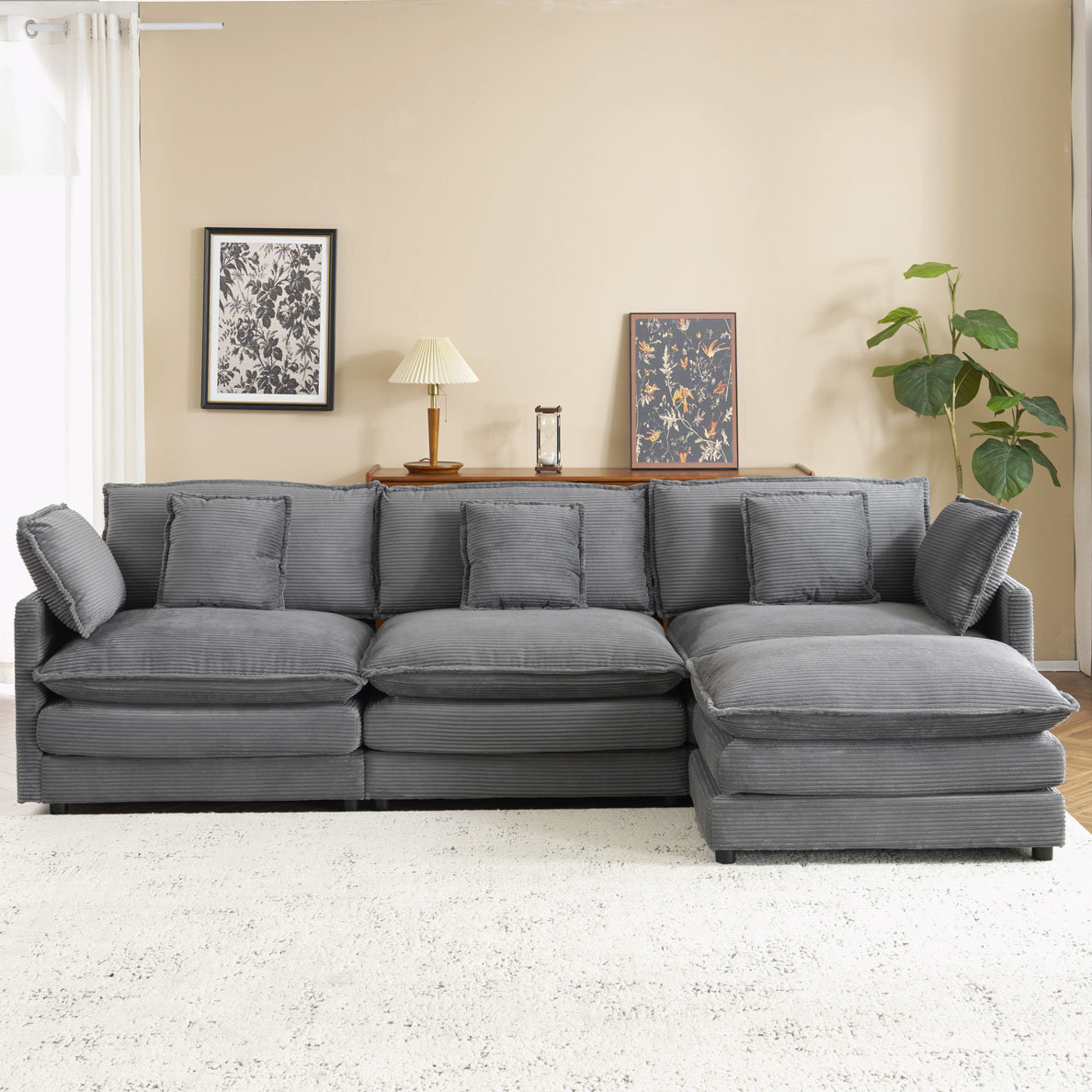 Latitude Run® Corduroy Modular Sofa with Ottoman Side Storage Pockets ...