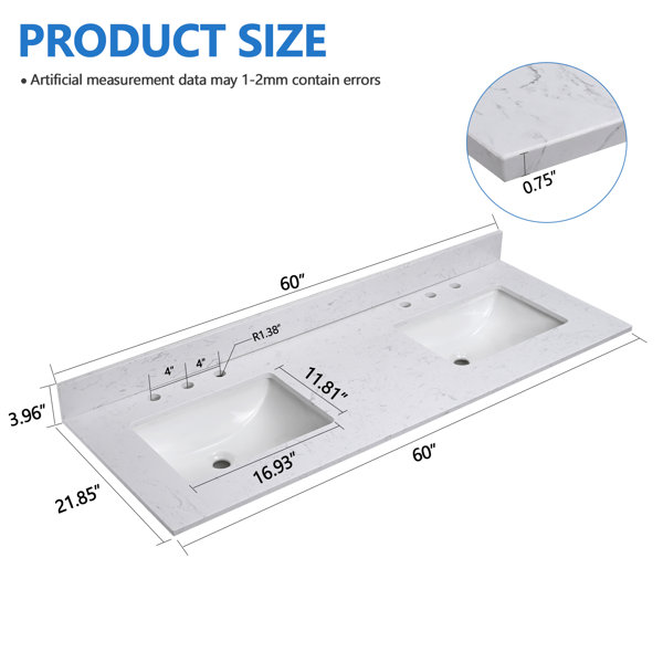 Enyibath 60 Inch Engineered Stone Vanity Top and 8 Inch Faucet Hole ...