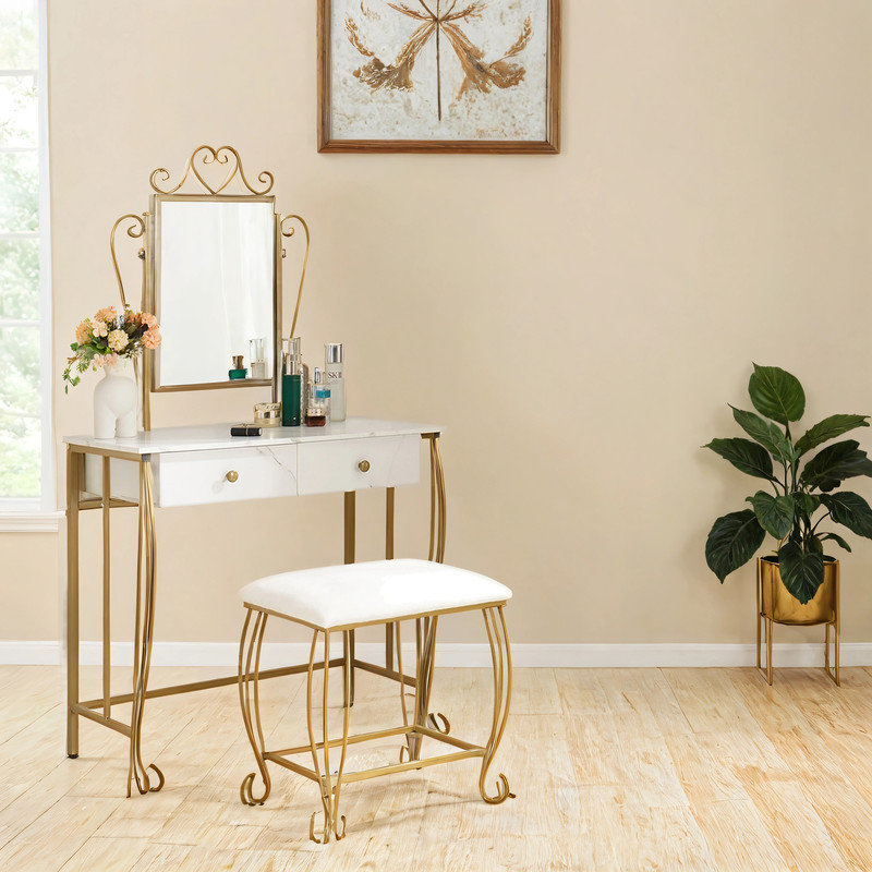 House of Hampton® Vanity Mirror Stool Set, Vintage Design Makeup Desk ...