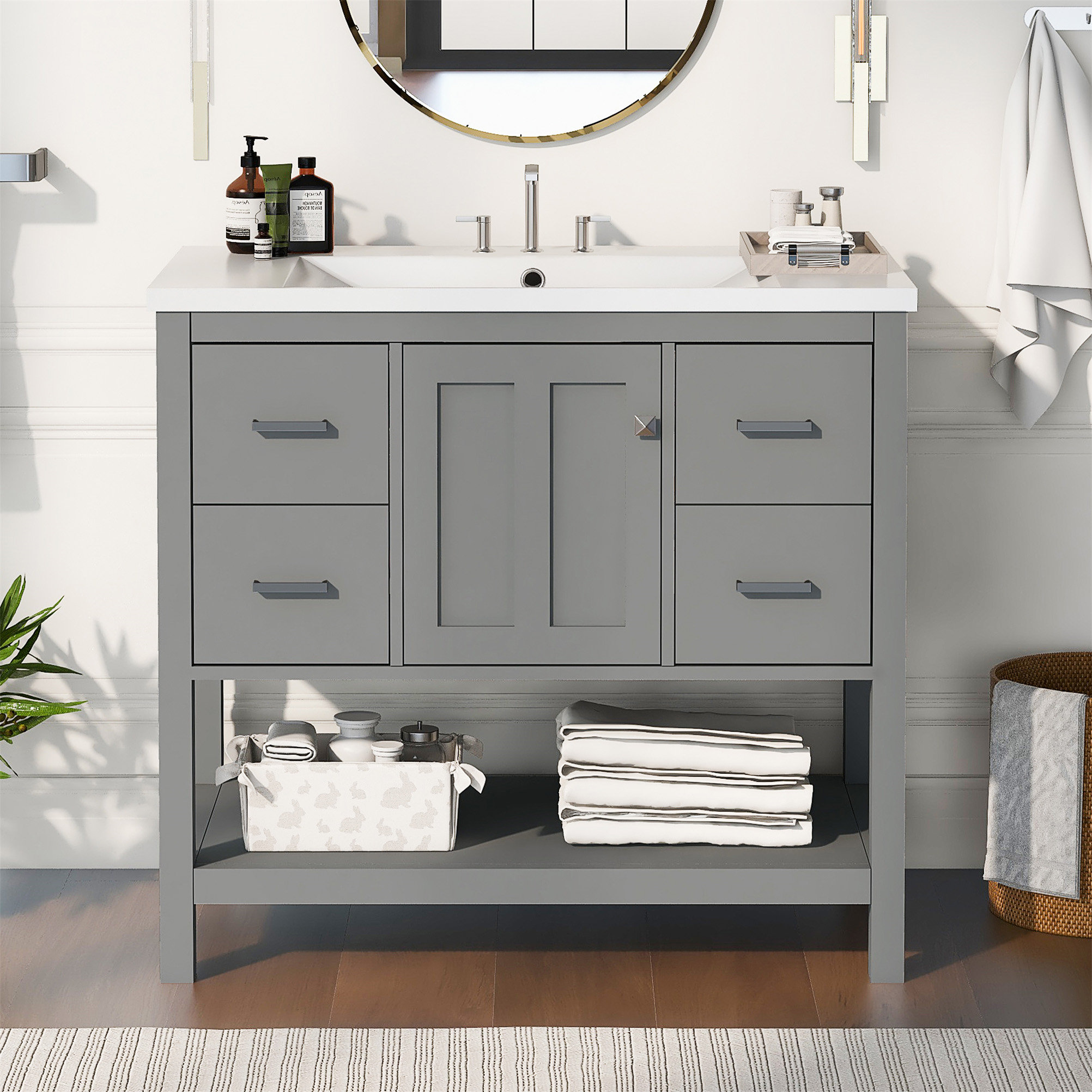 Petal Perfecto 36" Gray Modern Bathroom Vanity With USB,Two Shallow ...