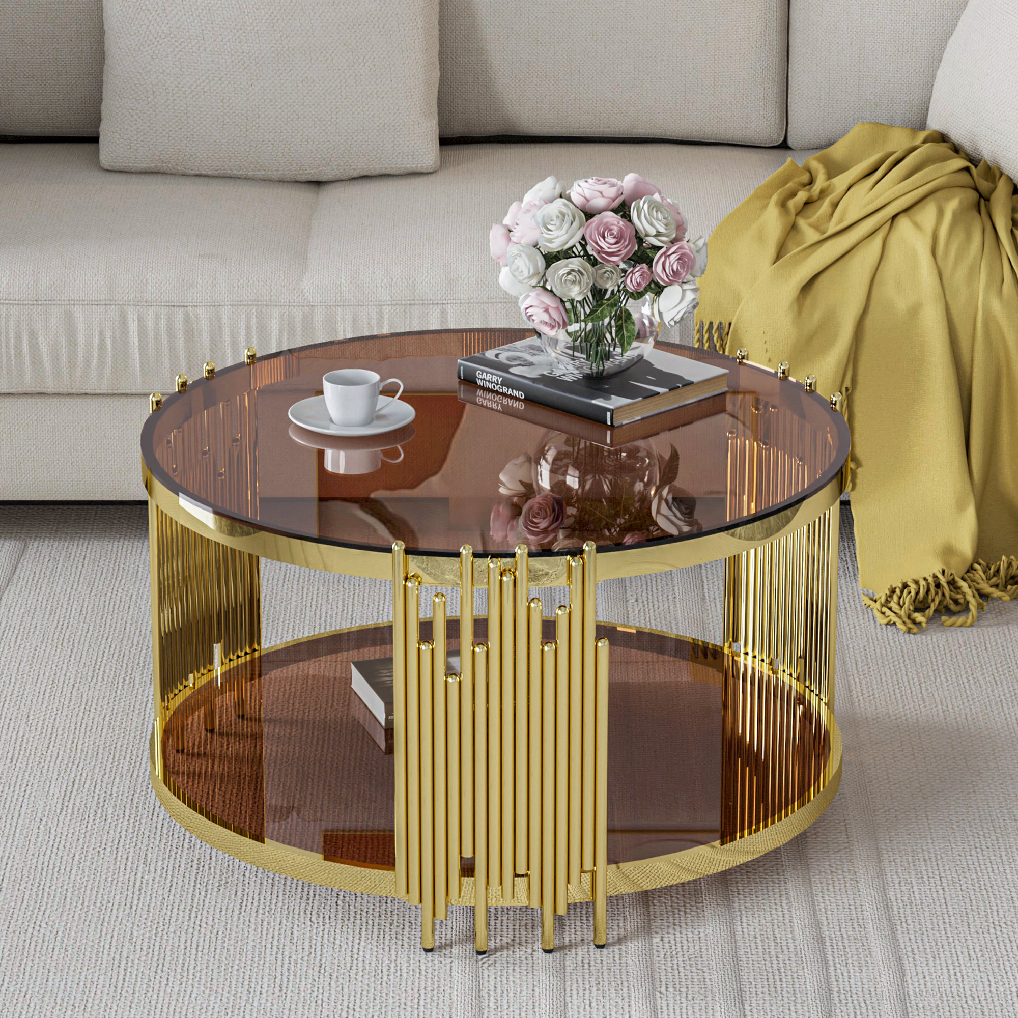 Mercer41 Eniylah 31.5" Wide 2-Tier Round Glass Top Coffee Table For ...