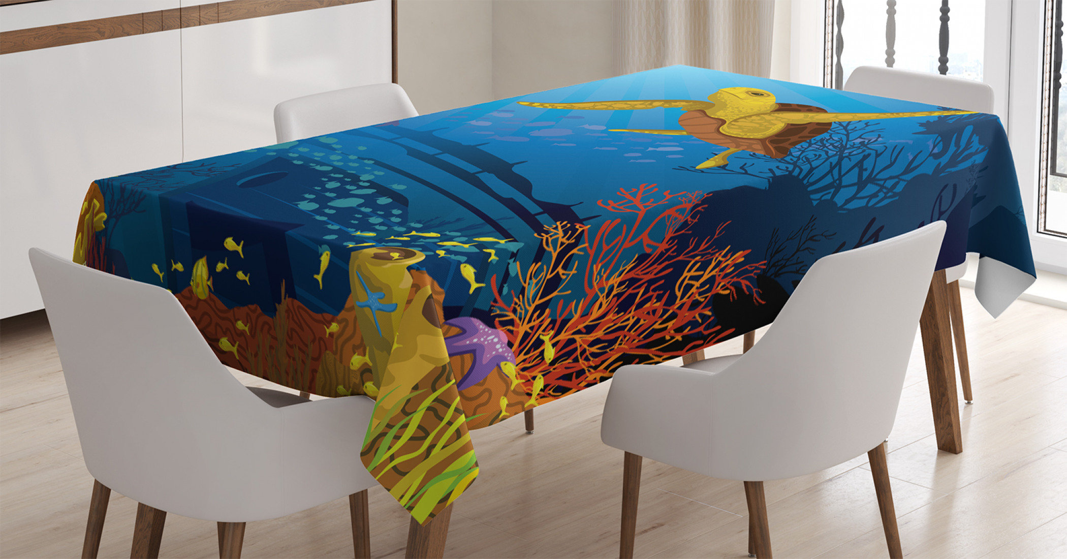 East Urban Home Ocean Tablecloth, Colored Coral Reef With Silhouette ...