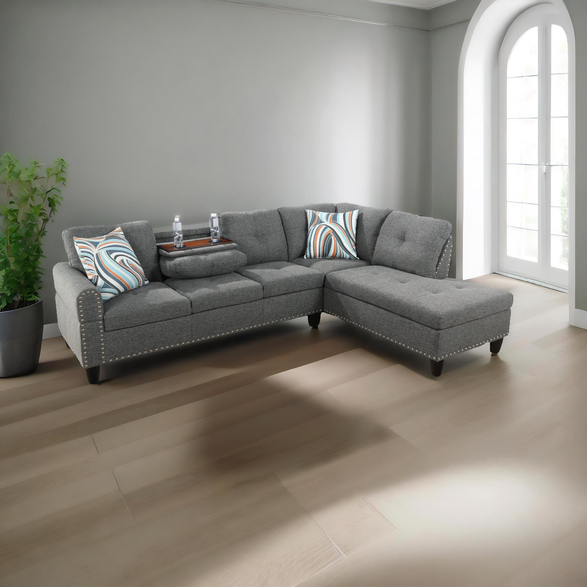 Ebern Designs Nailtrim Sectional Sofa With Drop Down Cup Holder ...