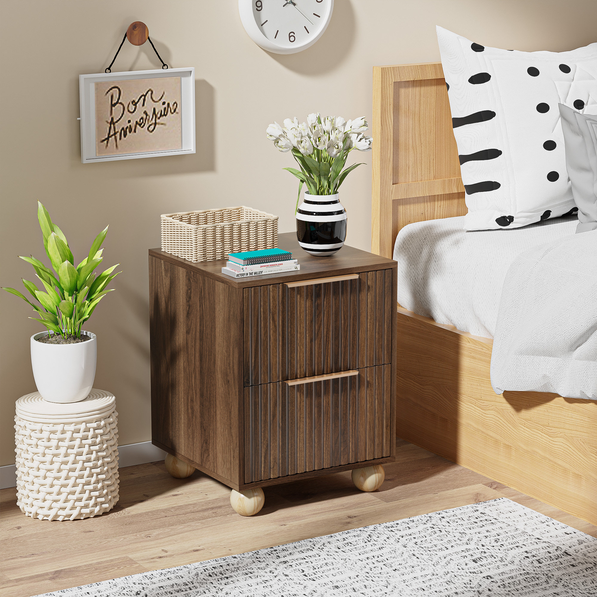 Winston Porter Fluted Nightstand with Spacious Storage Drawers, Bedside ...