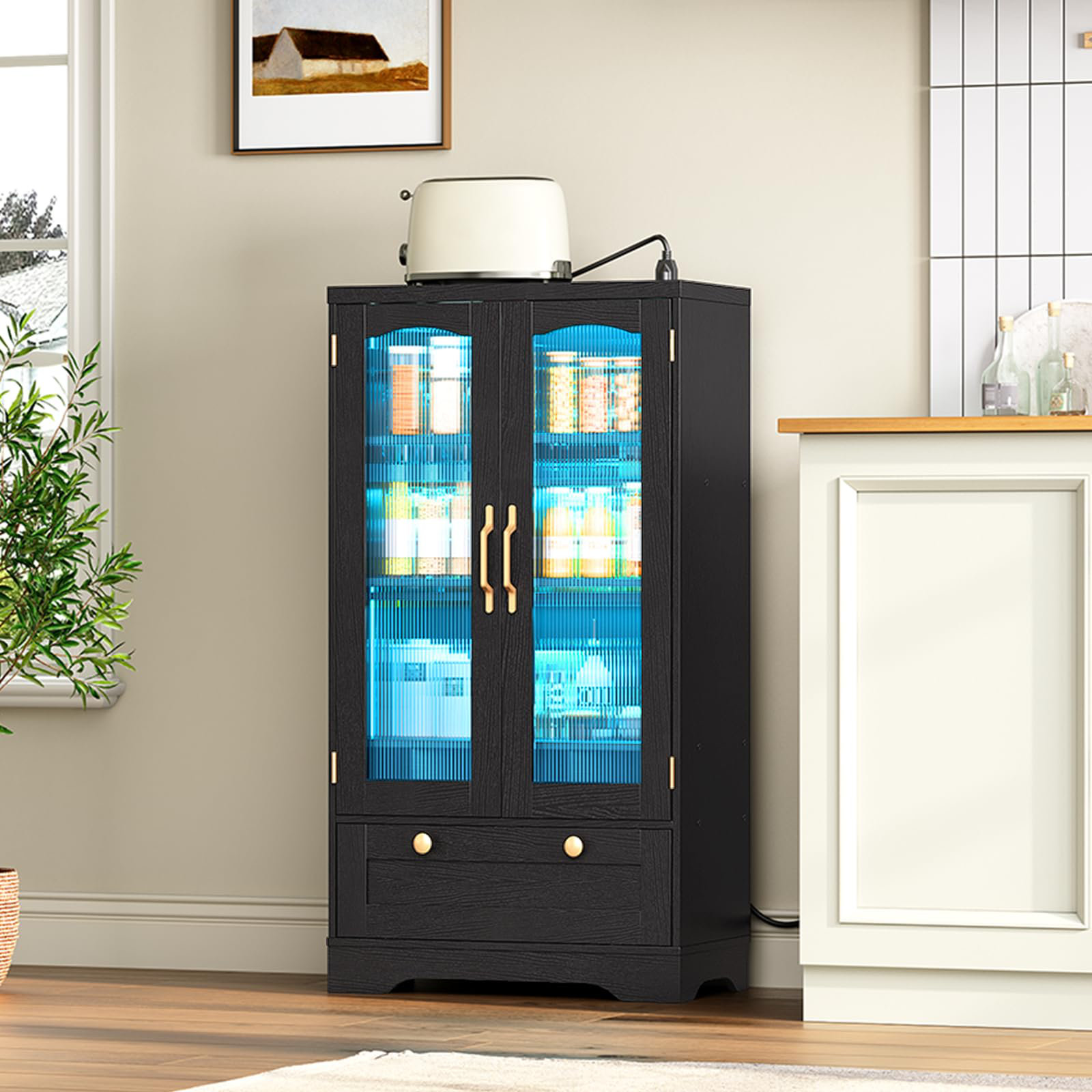 Latitude Run® Freestanding Kitchen Pantry Cabinet With LED Lights ...