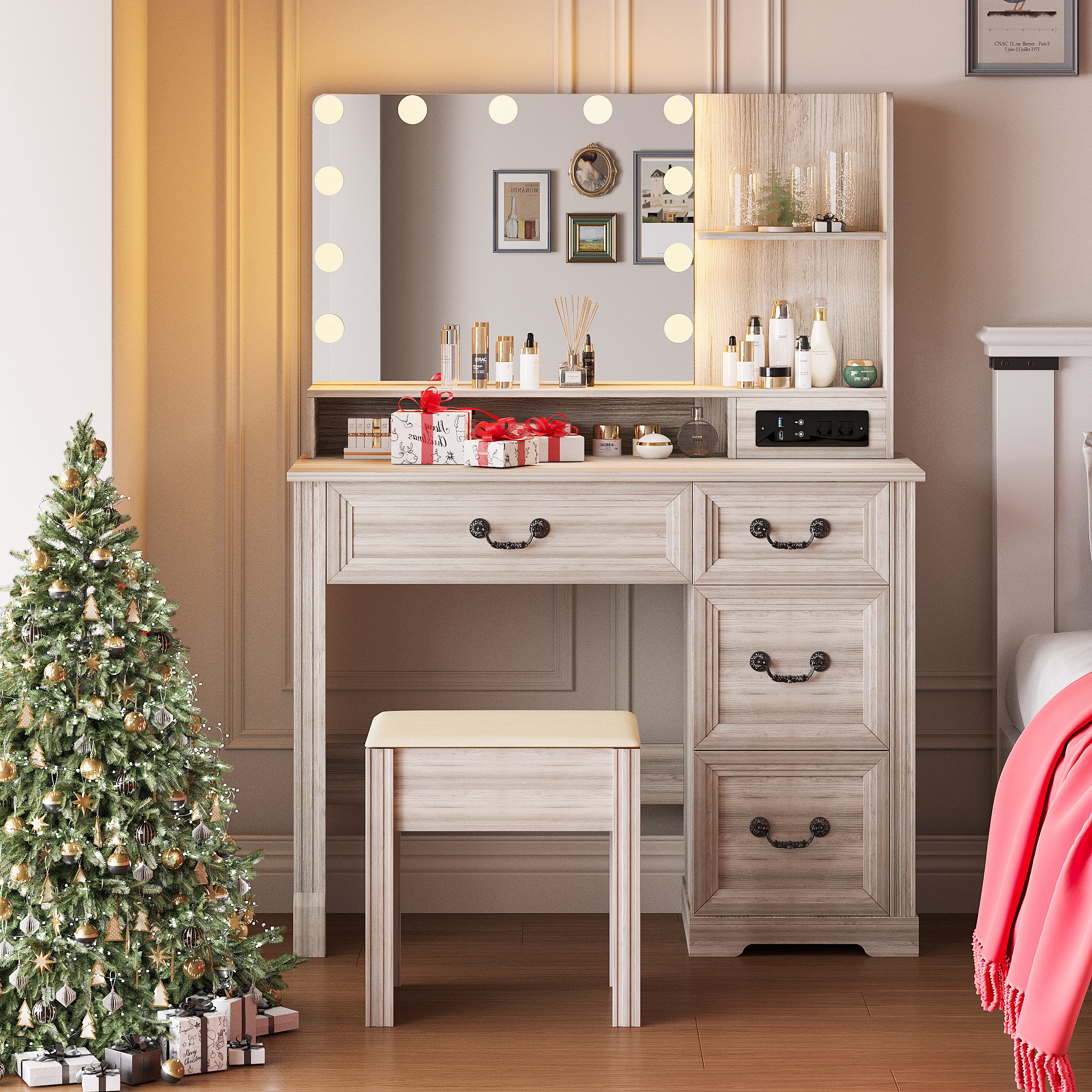 Winston Porter Vanity Desk With Mirror, Light Bulbs, Drawers, Shelves ...