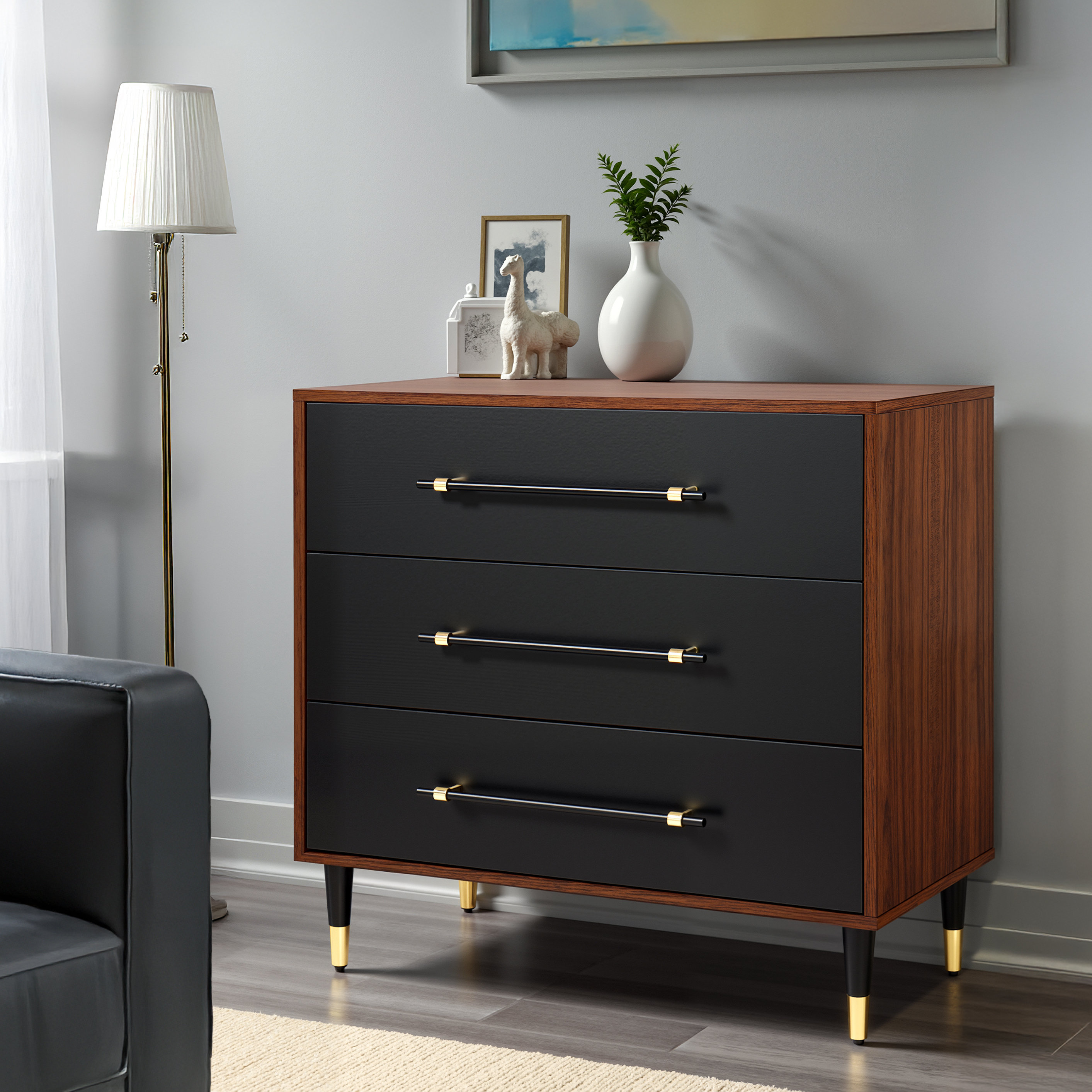 George Oliver 3 Drawer Mid Century Modern Bedroom Dressers with Black ...