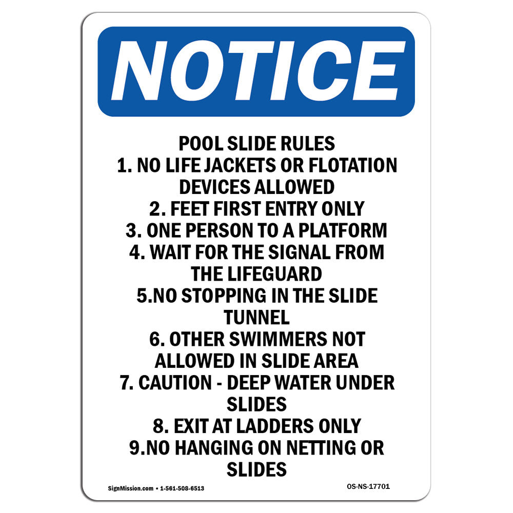 SignMission OSHA Notice - Pool Slide Rules 1. No Life Jackets Sign ...