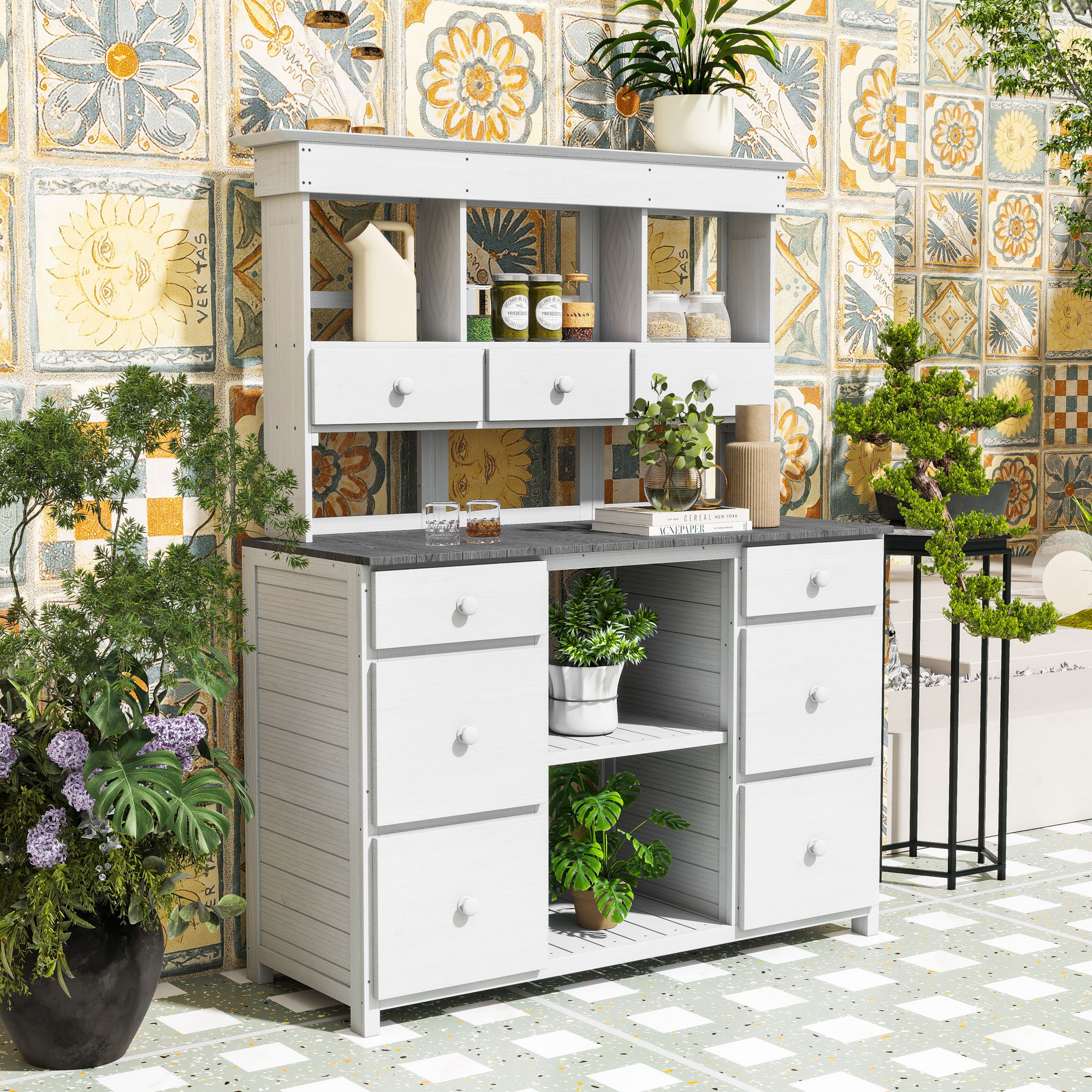 Winston Porter Rustic Fir Wood Outdoor Potting Bench with Adjustable ...