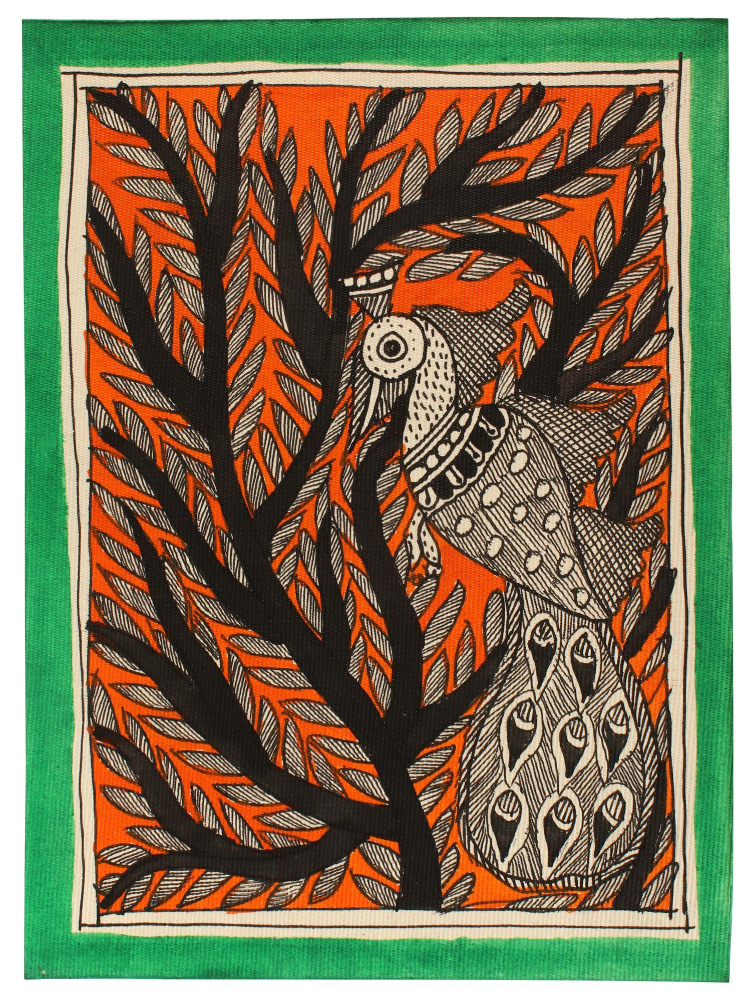 Bungalow Rose Peacock Standing On Tree Of Life | Madhubani Painting ...