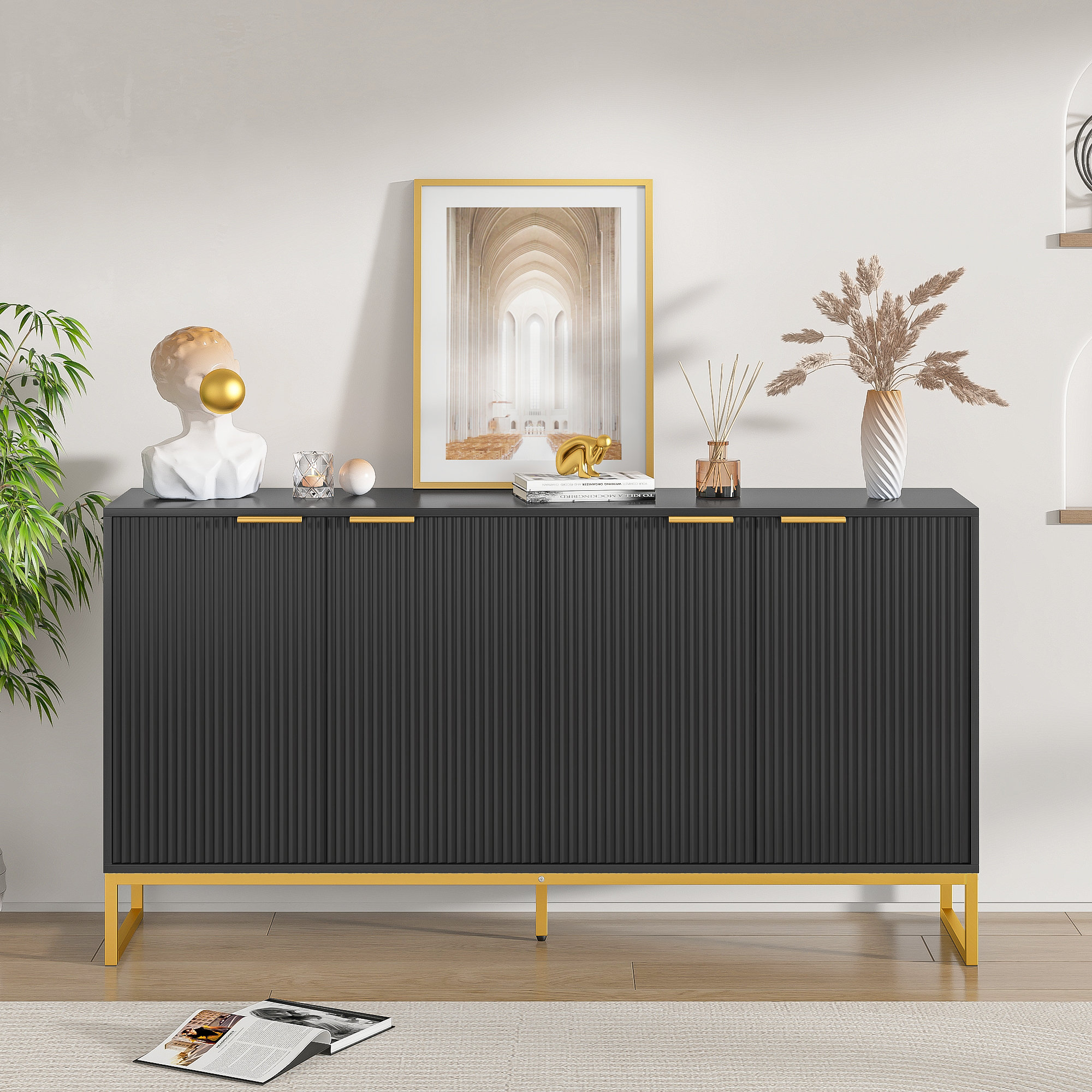 Furtivusia Fluted Accent Cabinet Sideboard Buffet Cabinet With 4 Fluted ...