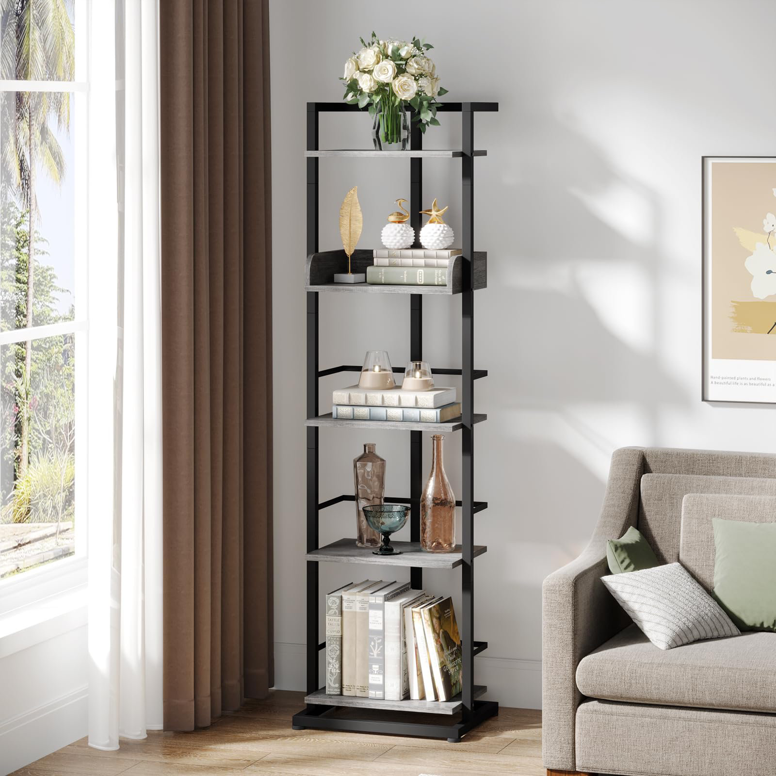 17 Stories 5-Tier Tall Bookshelf – Wood Bookcase with Metal Edges | Wayfair
