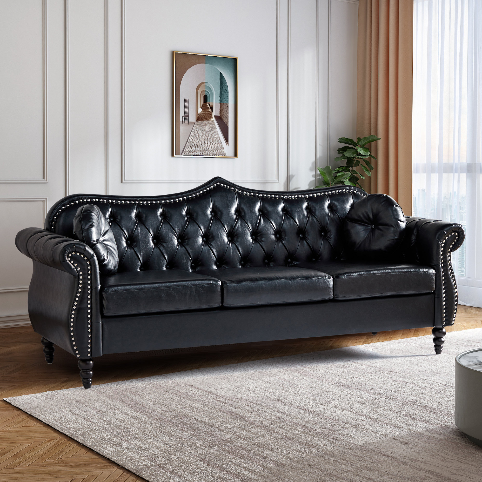Alcott Hill Bilbil 82.6" Faux Leather Sofa with 2 Decorative Cushions ...