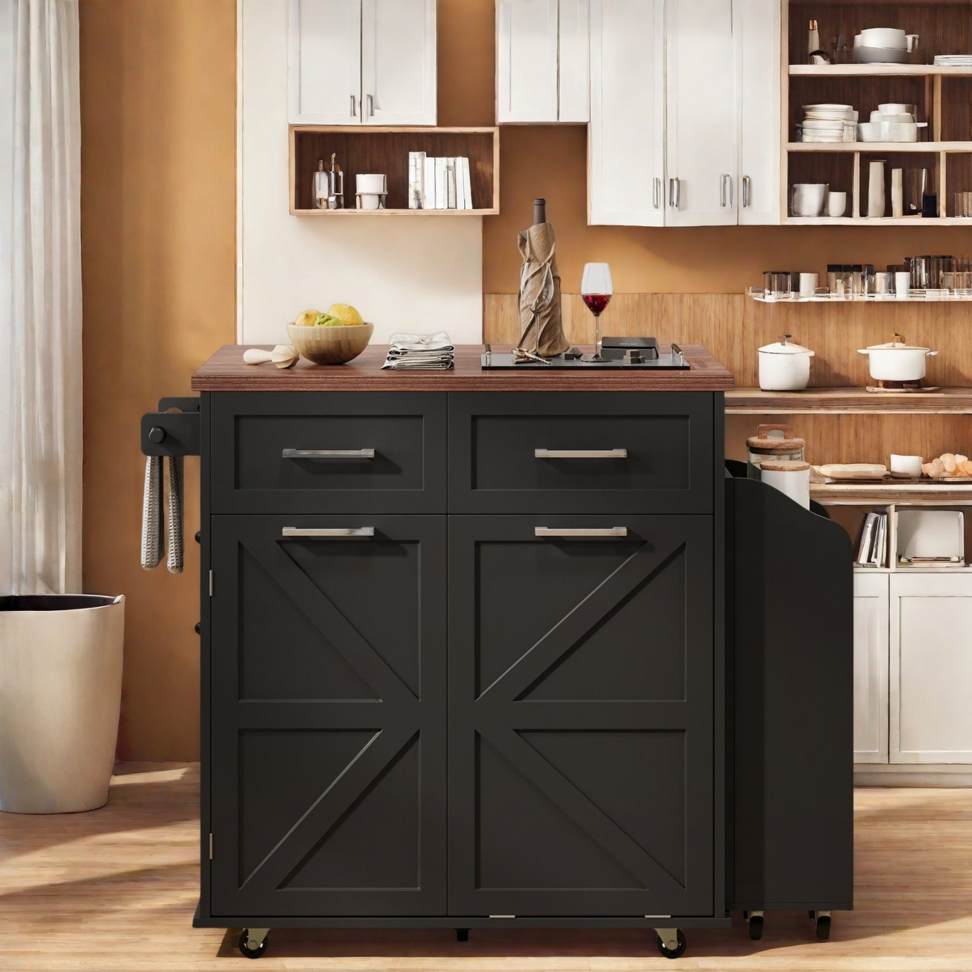 Gracie Oaks Farmhouse Kitchen Island With Drop Leaf, Removable Side Racks, 2 Drawers, Towel Rack ...