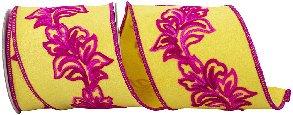 The Holiday Aisle® 4"X5yd Yellow/Fuchsia Filigree Embroidery Leaf Vine ...