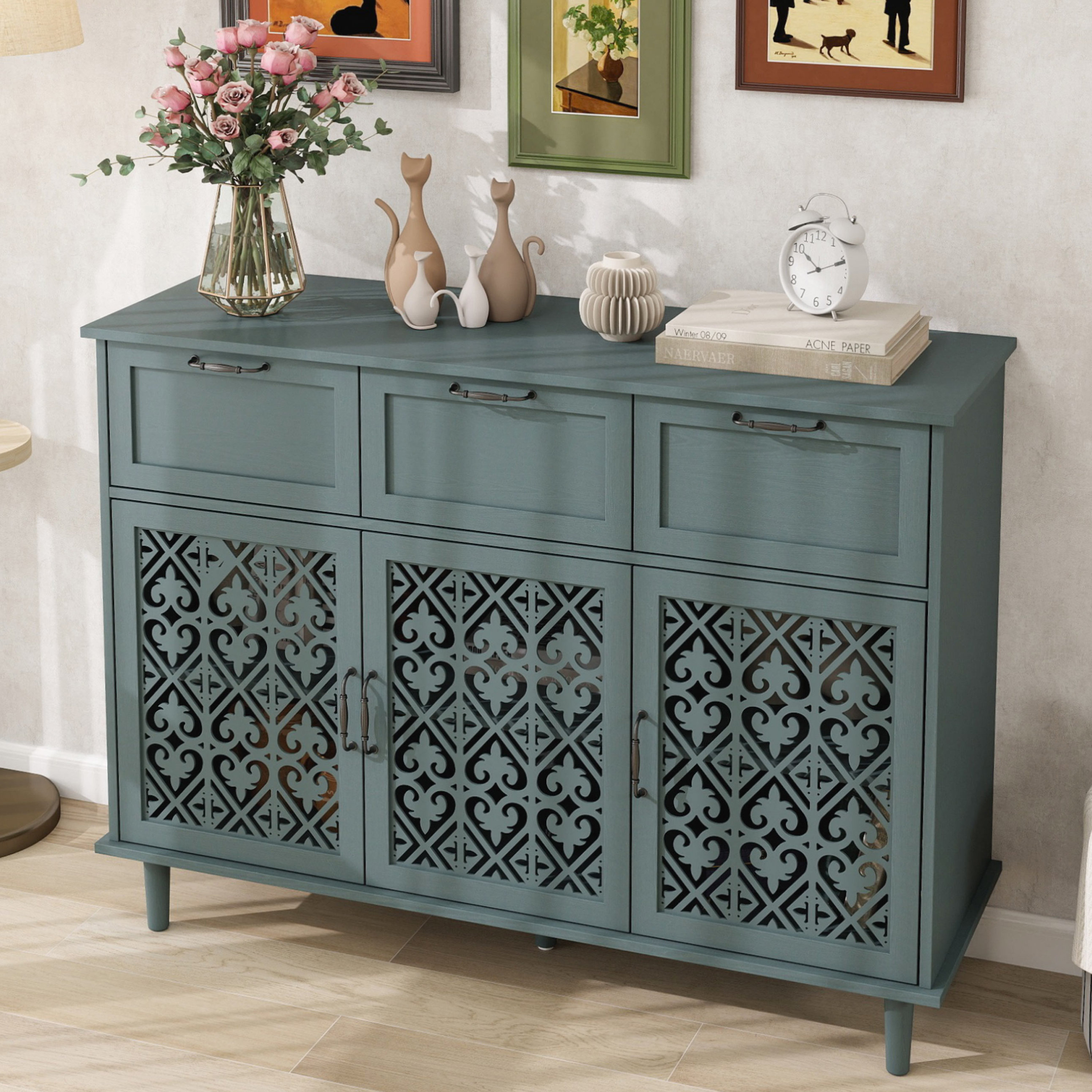George Oliver 47.23"Sideboard Buffet Cabinet with 3 Carved Doors, 3 ...