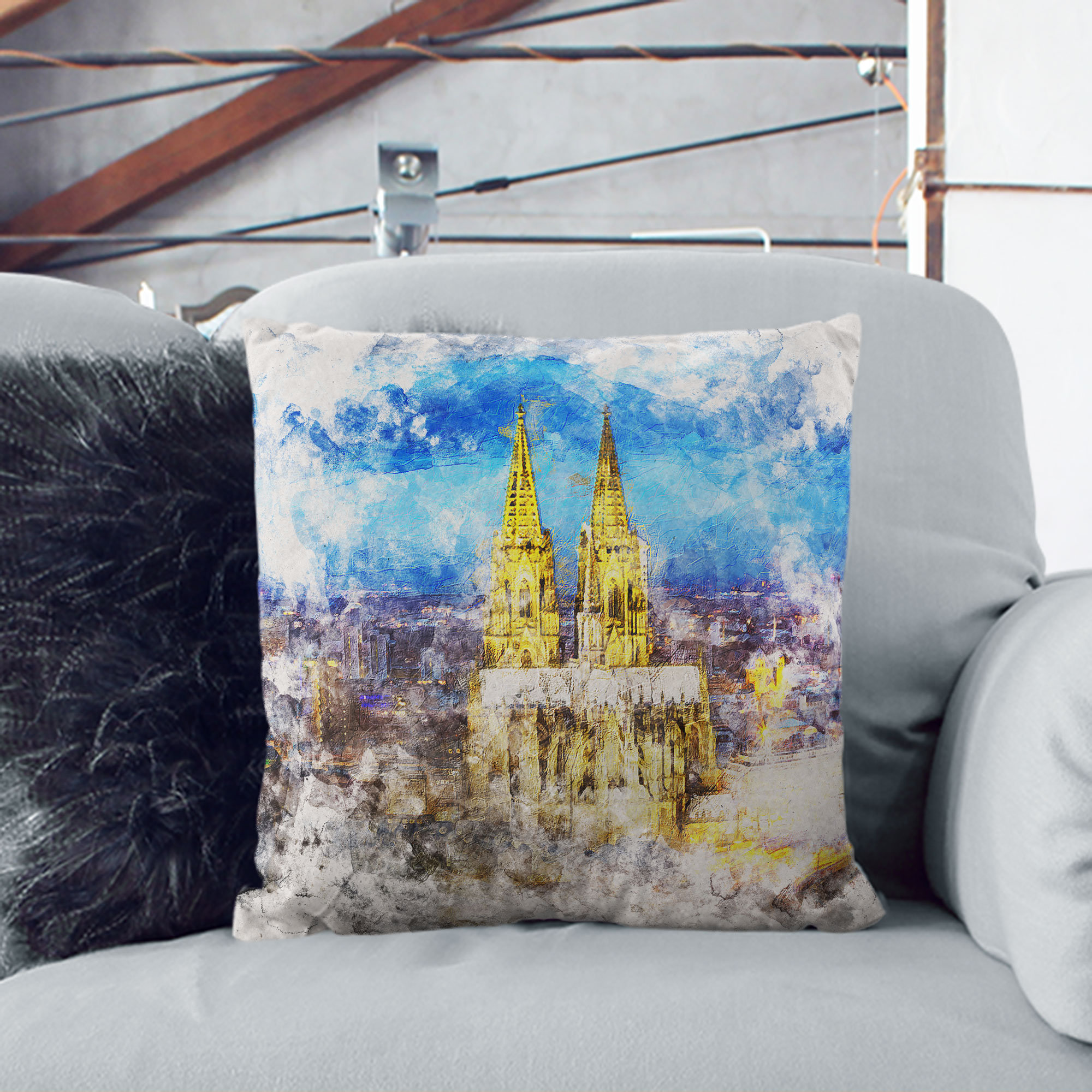 East Urban Home The Cologne Cathedral in Germany Watercolour Cushion ...