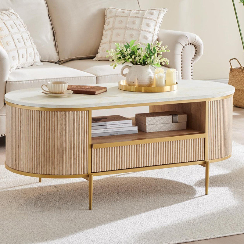 Everly Quinn Modern Fluted Coffee Table, 48" Oval Coffee Table with ...