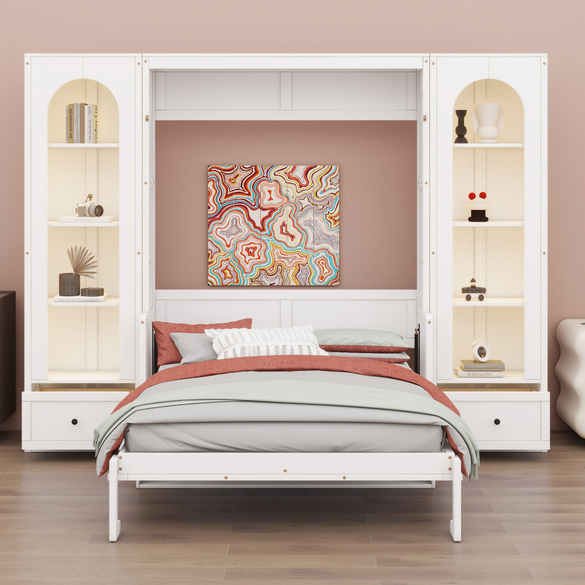 Hokku Designs Murphy Platform Bed With Shelf, Side Cabinets, Drawers ...