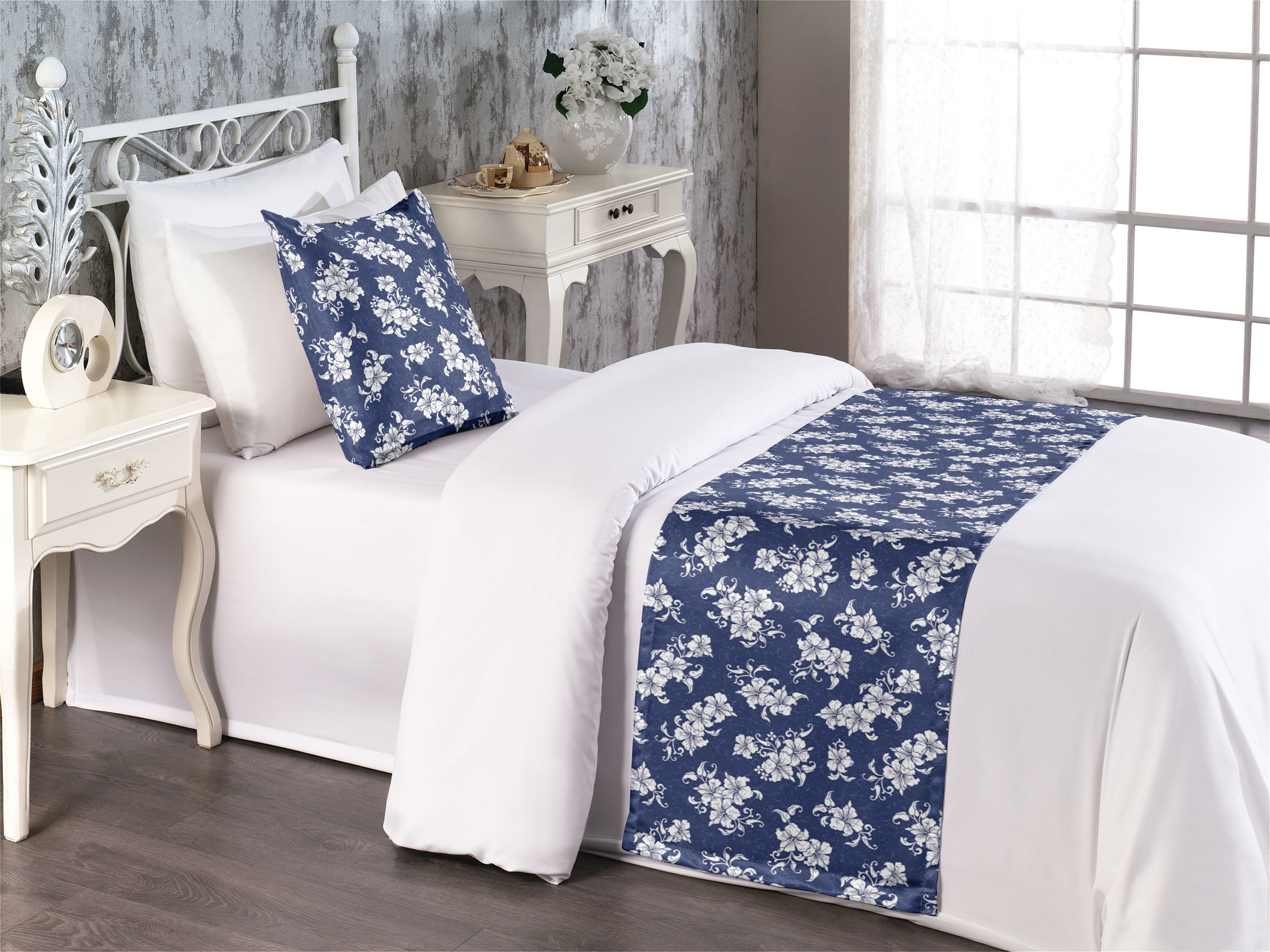 Ambesonne Floral Bed Runner Set Garden Night Flowers Asian Navy Blue and White | Wayfair