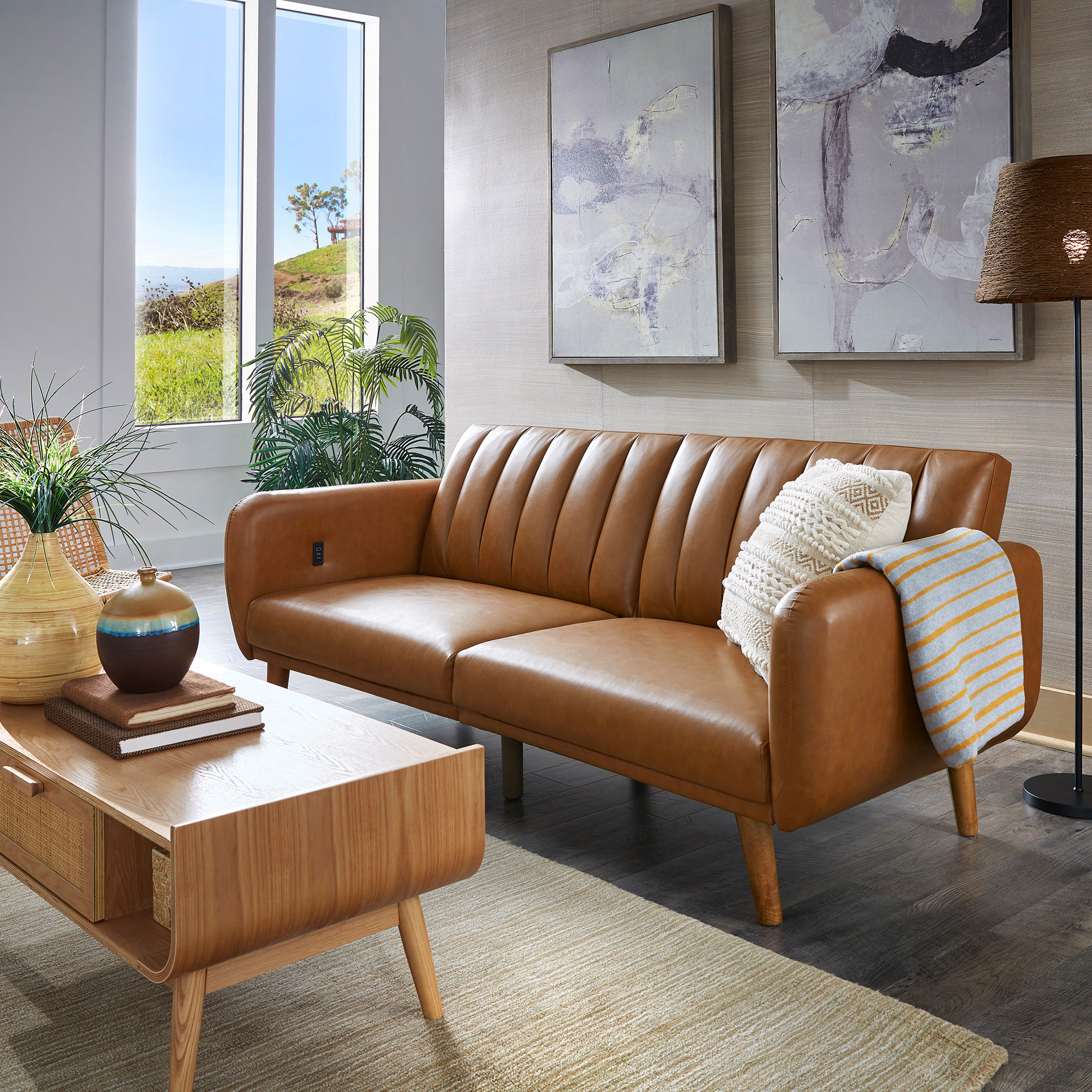 George Oliver Lawon Vegan Leather Convertible Sofa Bed with USB ...