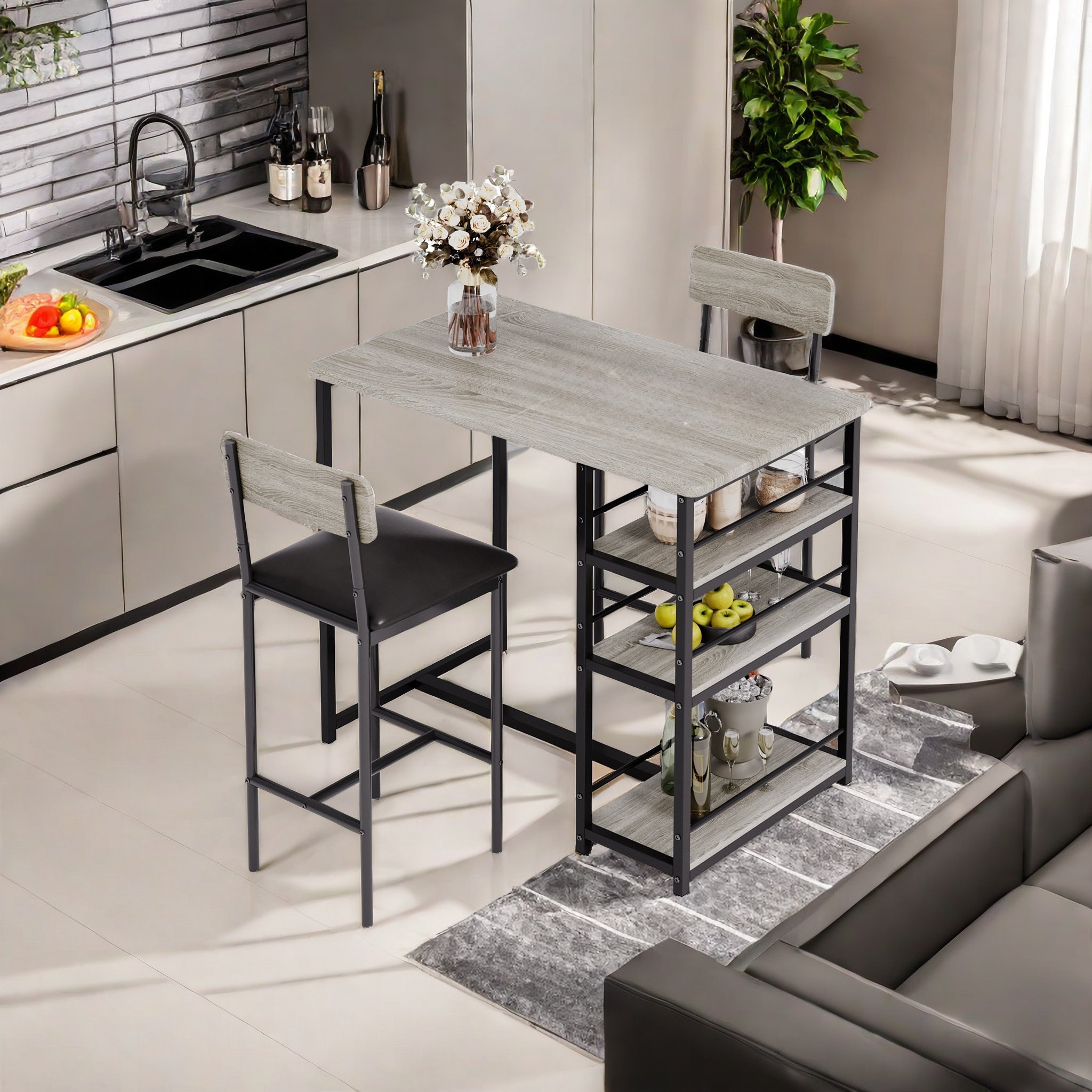 17 Stories 3-Piece Dining Table Set, Dining Table With Wine Rack And 2 ...