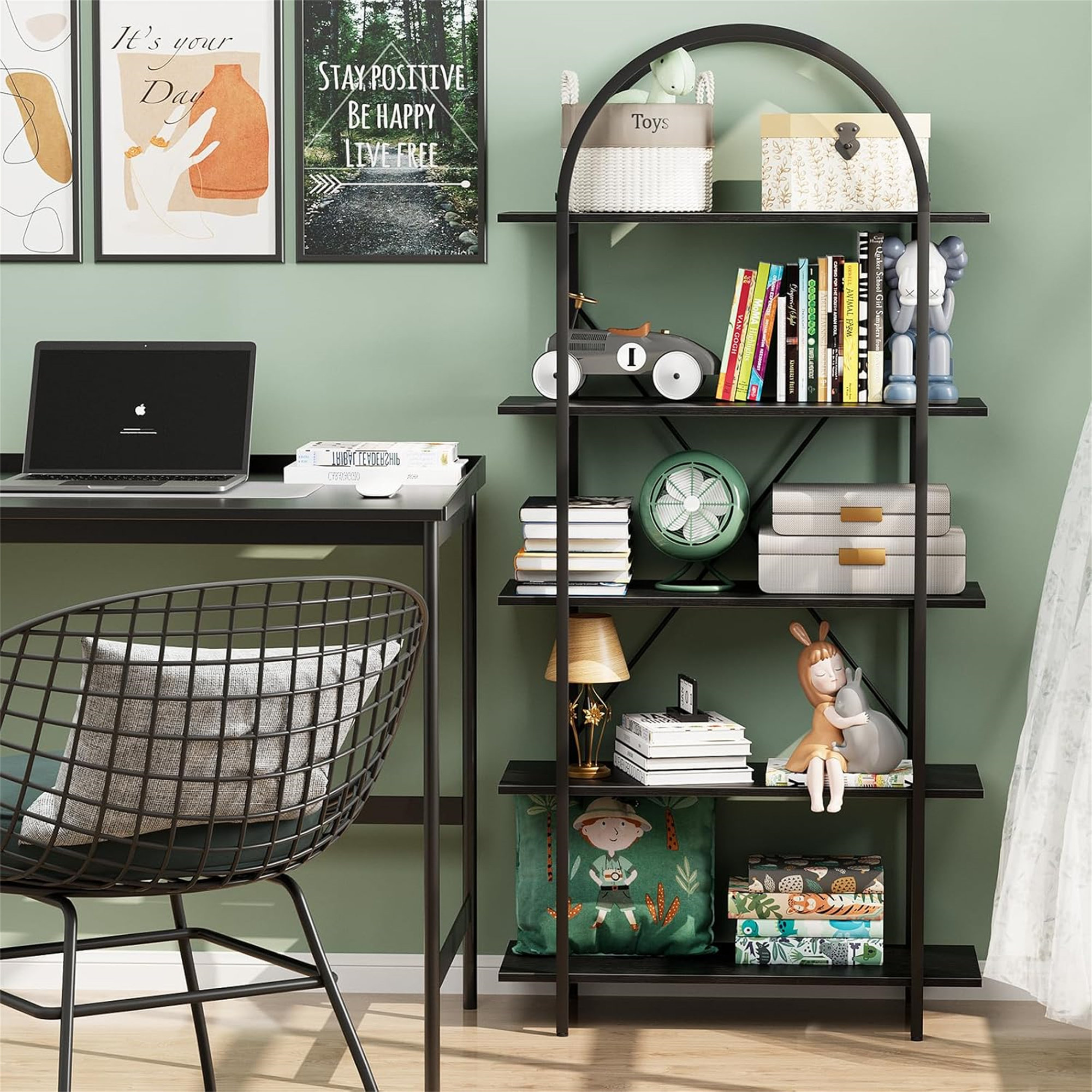 17 Stories 31.5 inches wide five-shelf arched bookshelf, industrial ...
