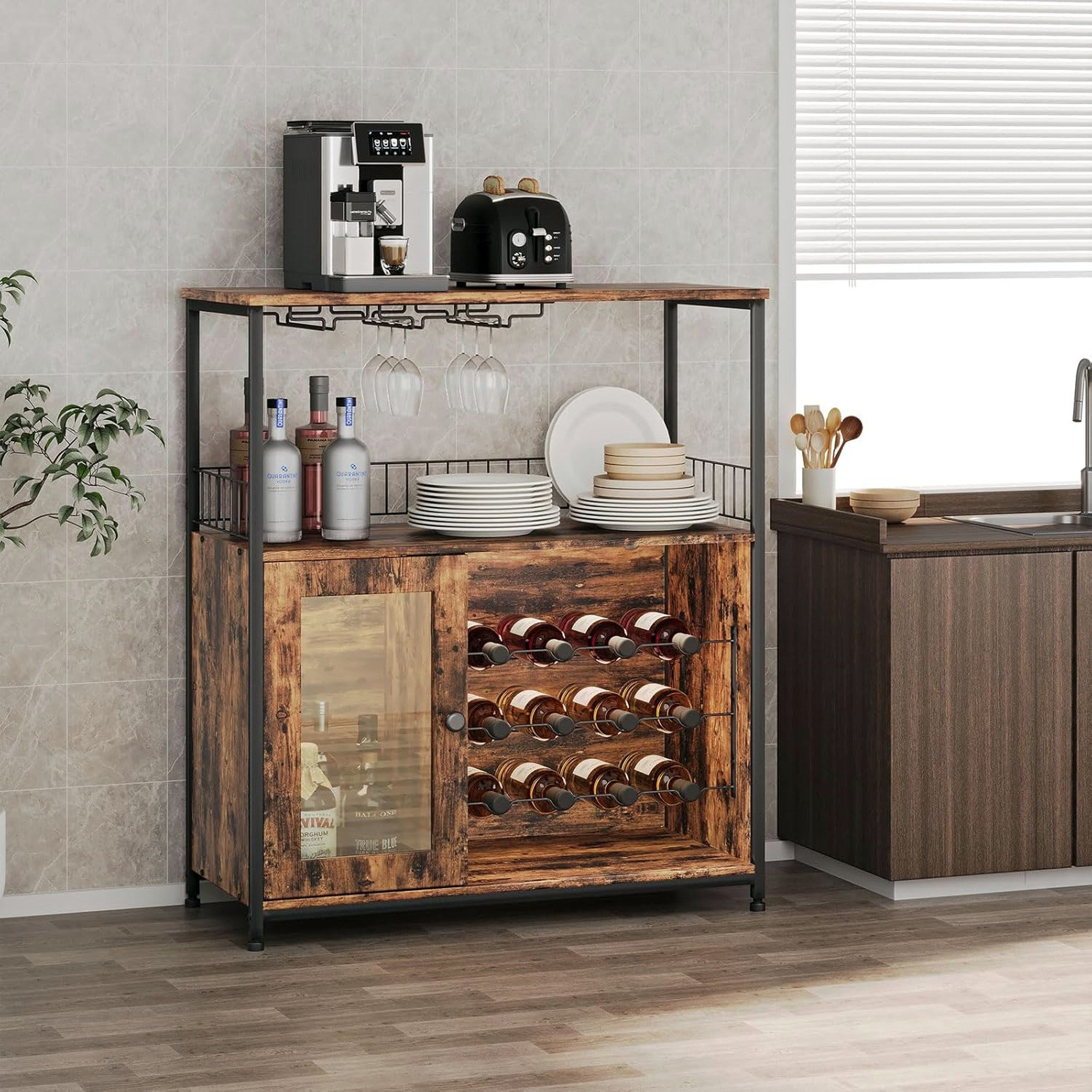 17 Stories Rack Cabinet With LED Light, Home Coffee Cabinet With Wine ...