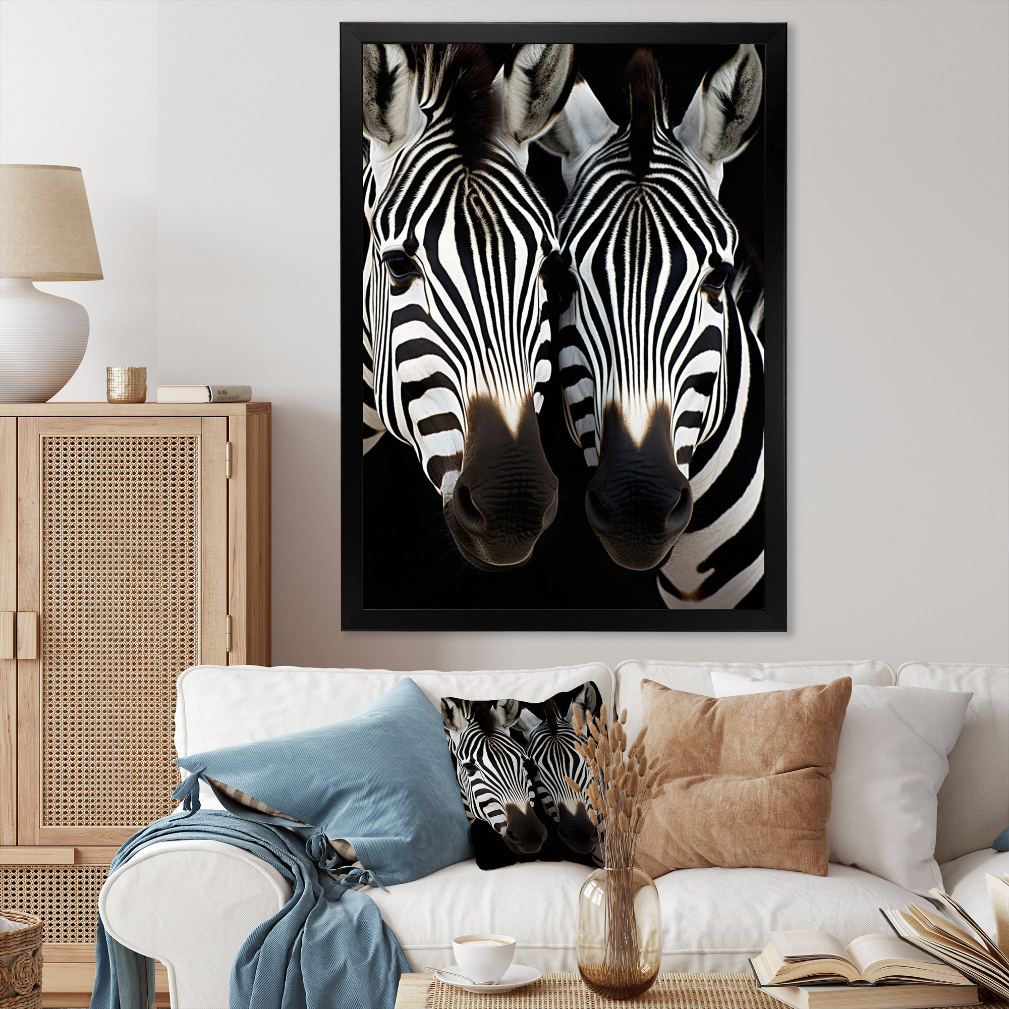 Ebern Designs Black And White Duo Zebra Portrait Framed On Canvas Print ...