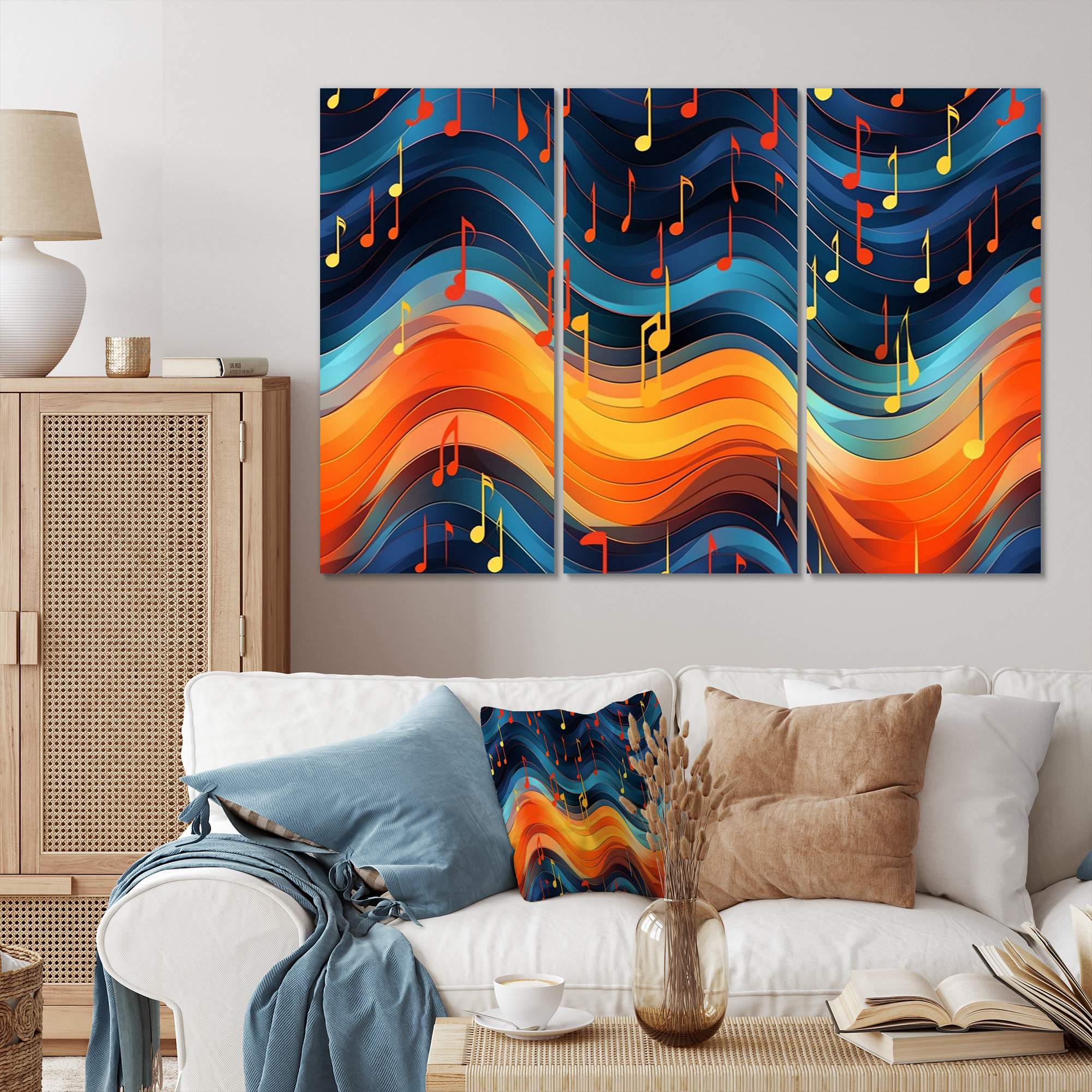 Design Art Waves Of Music Notes In Retro Orange And Blue - Music Wall ...