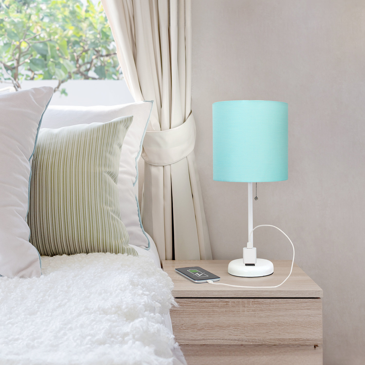 Ebern Designs Sleek and Slender Table Lamp with Charging Outlet, Shade ...
