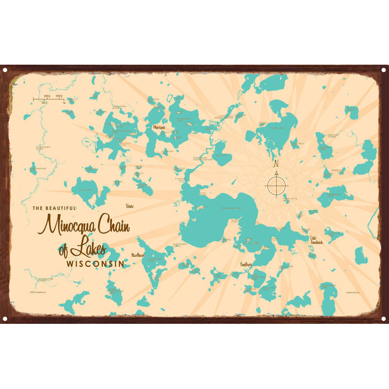 17 Stories Minocqua Chain Wisconsin Map Rustic Metal Art Print - by ...