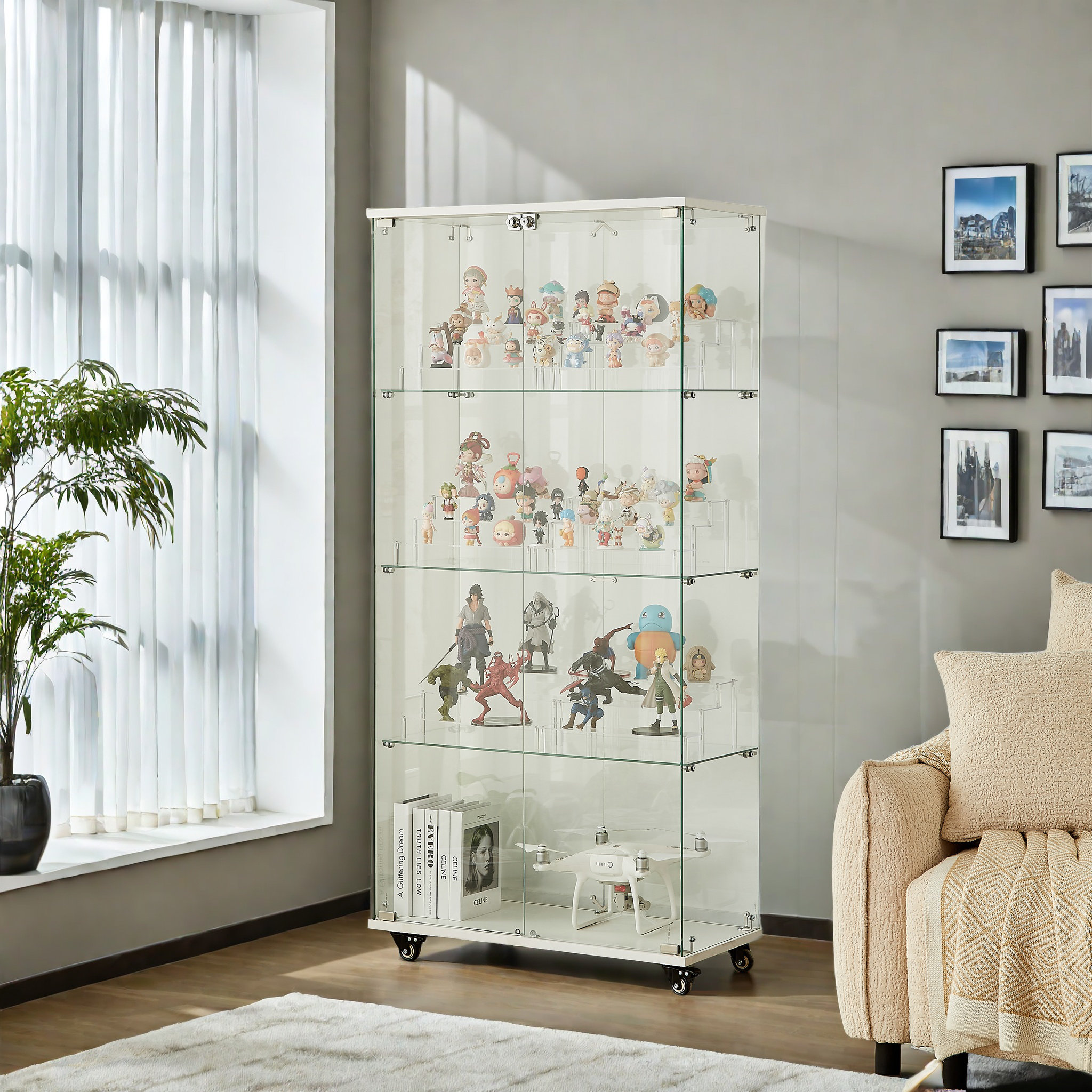 MANMAOHE 4 Tier Glass Display Case, Freestanding Double Door Display ...