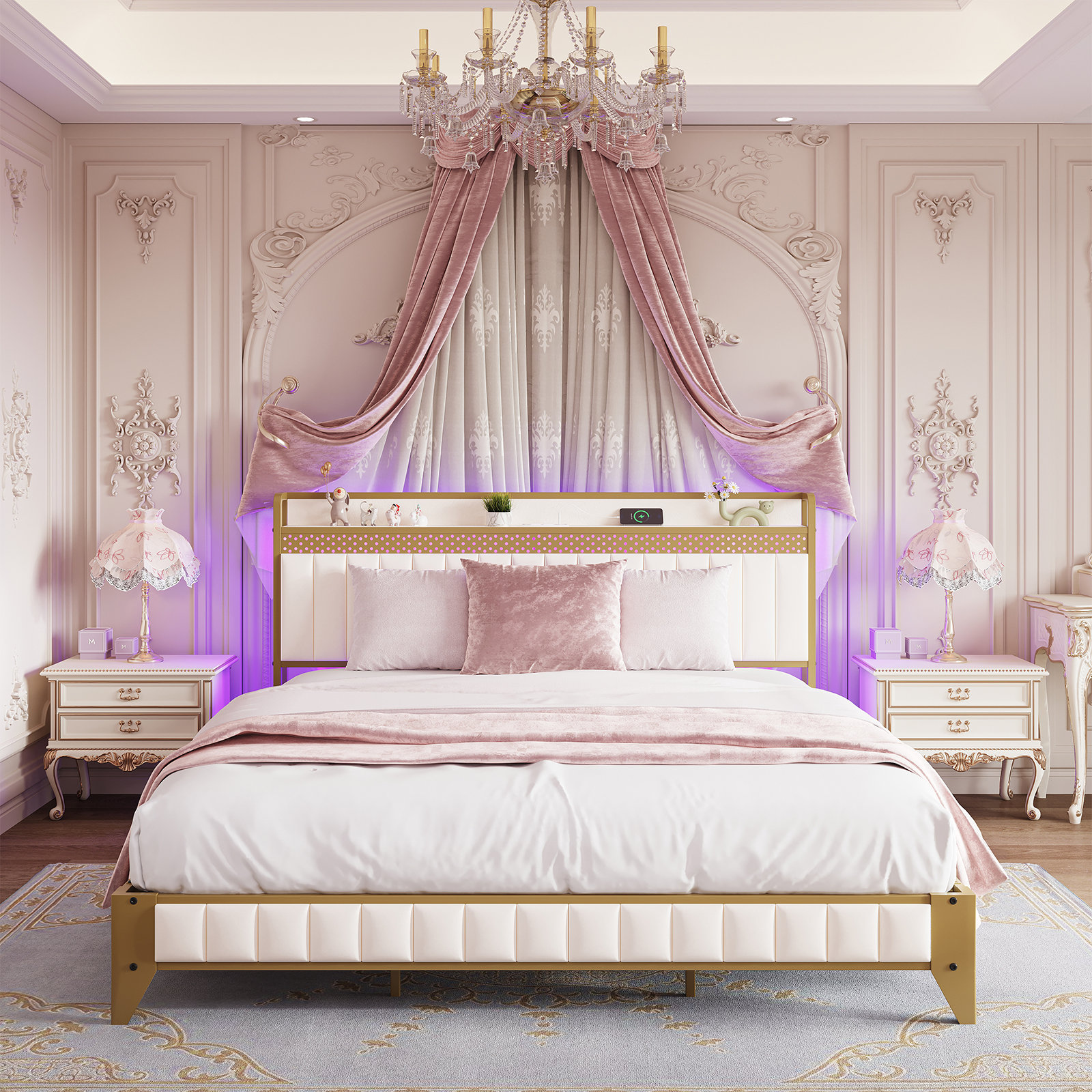 Mercer41 Marinda LED Bed Frame King Size, Charging Station, Soft ...