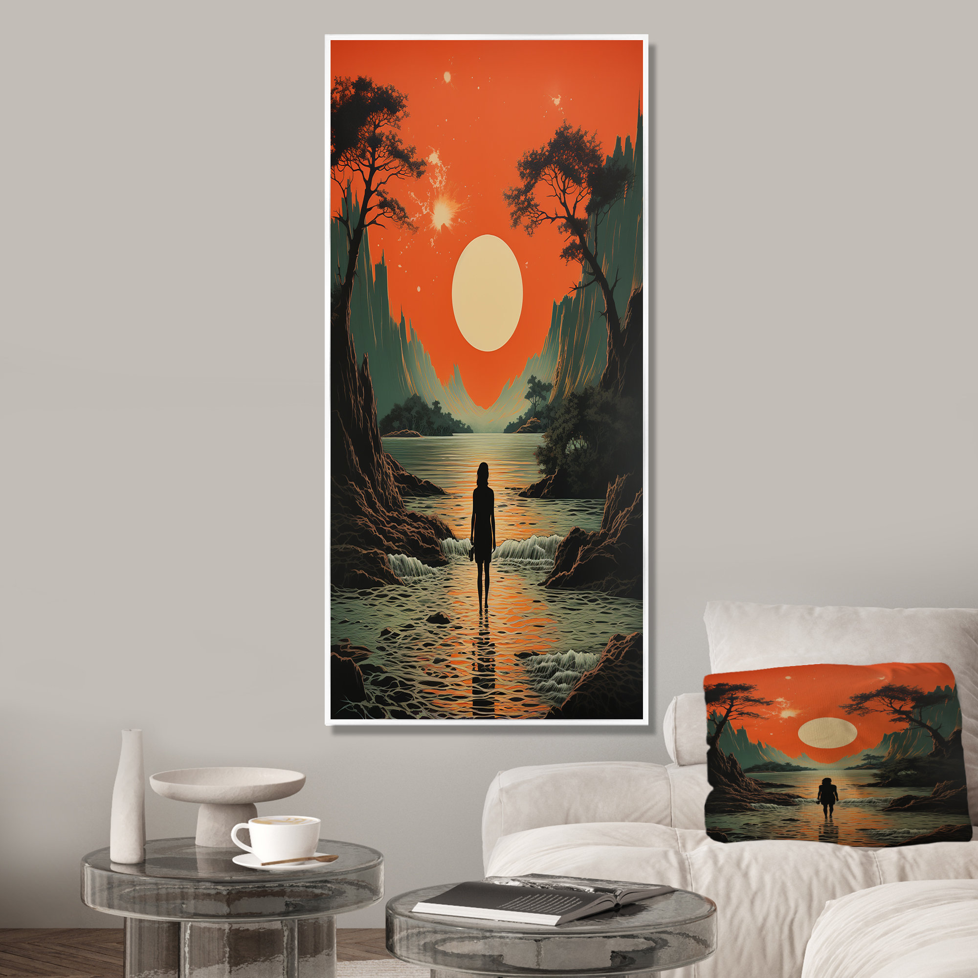 Design Art Oragne And Green Vintage Beach I - Abstract Landscape Wall ...