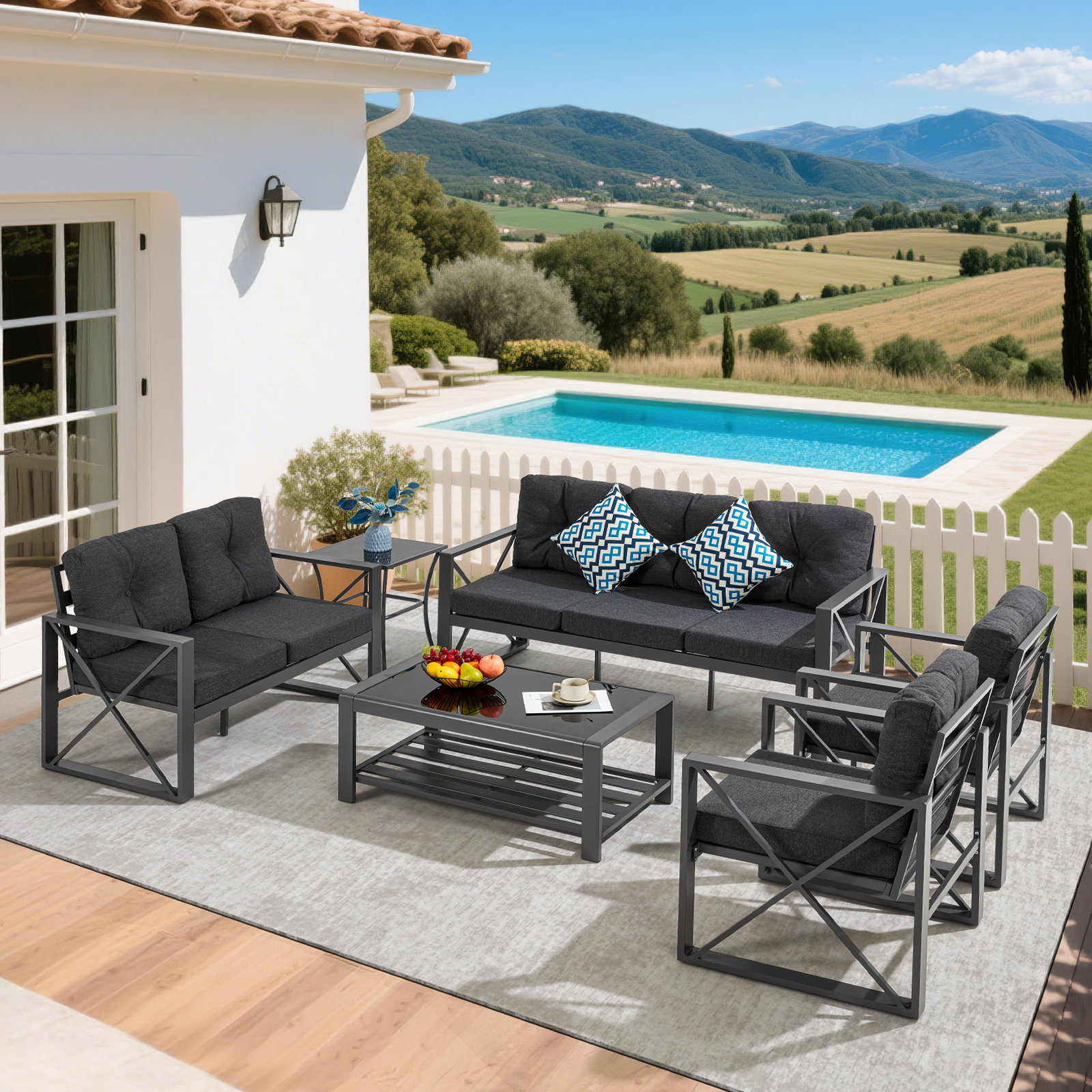 Latitude Run® 6 Pieces Metal Patio Furniture Set, Outdoor Seating ...