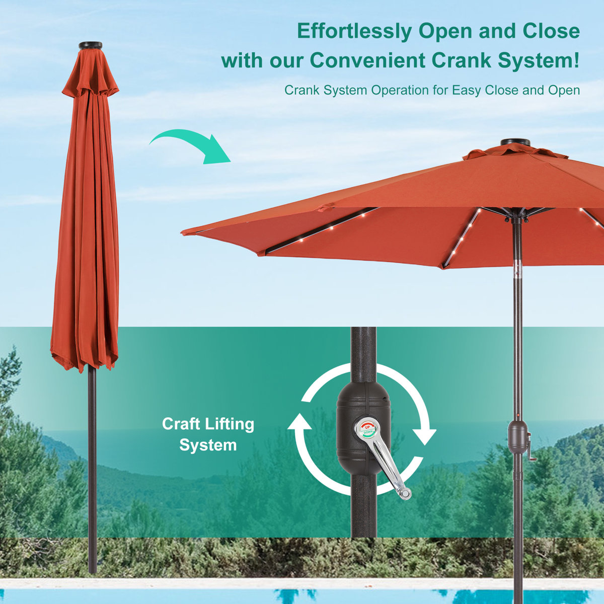 ACEGOSES 9Ft LED Patio Umbrella, Market Umbrella W/ 8-Rib Sturdy Metal ...
